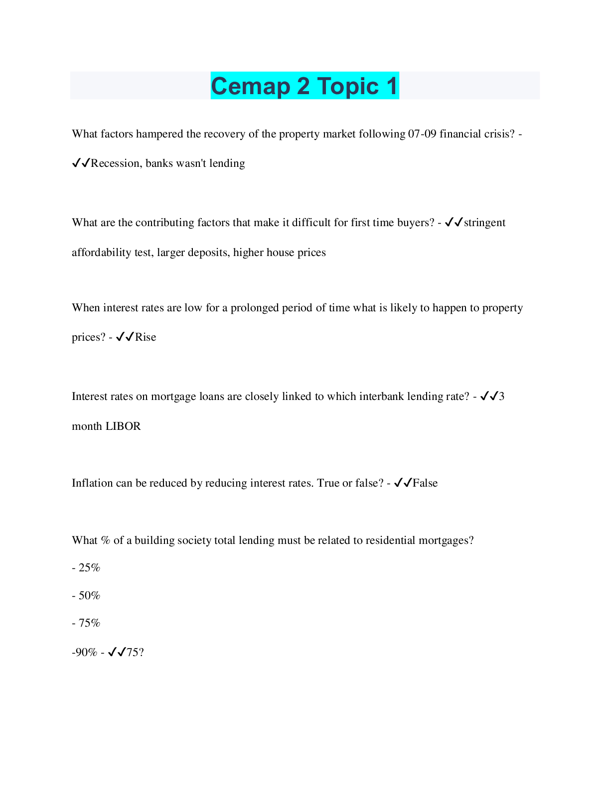 Cemap 2 Topic 1 | Questions with 100% Correct Answers | Verified ...