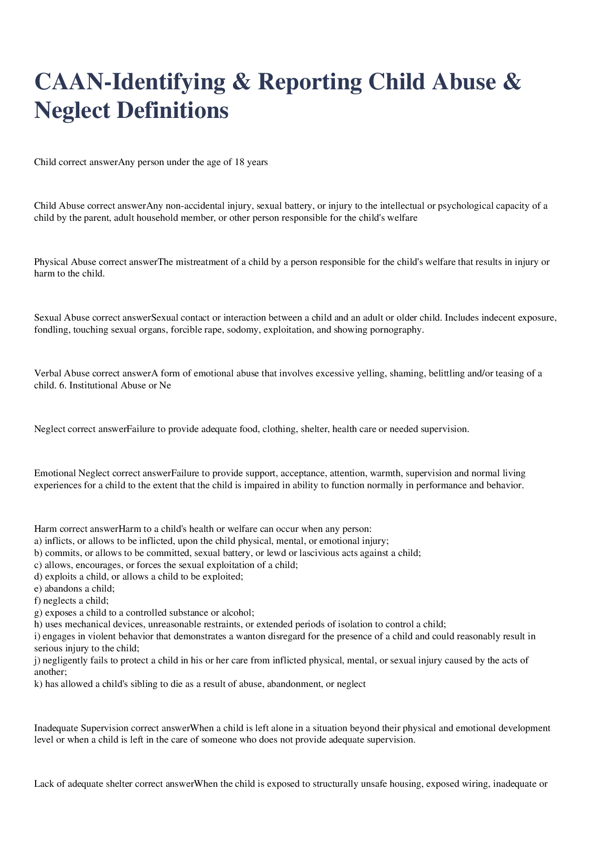 CAAN-Identifying & Reporting Child Abuse & Neglect Definitions exam 2023 with 100% correct ...