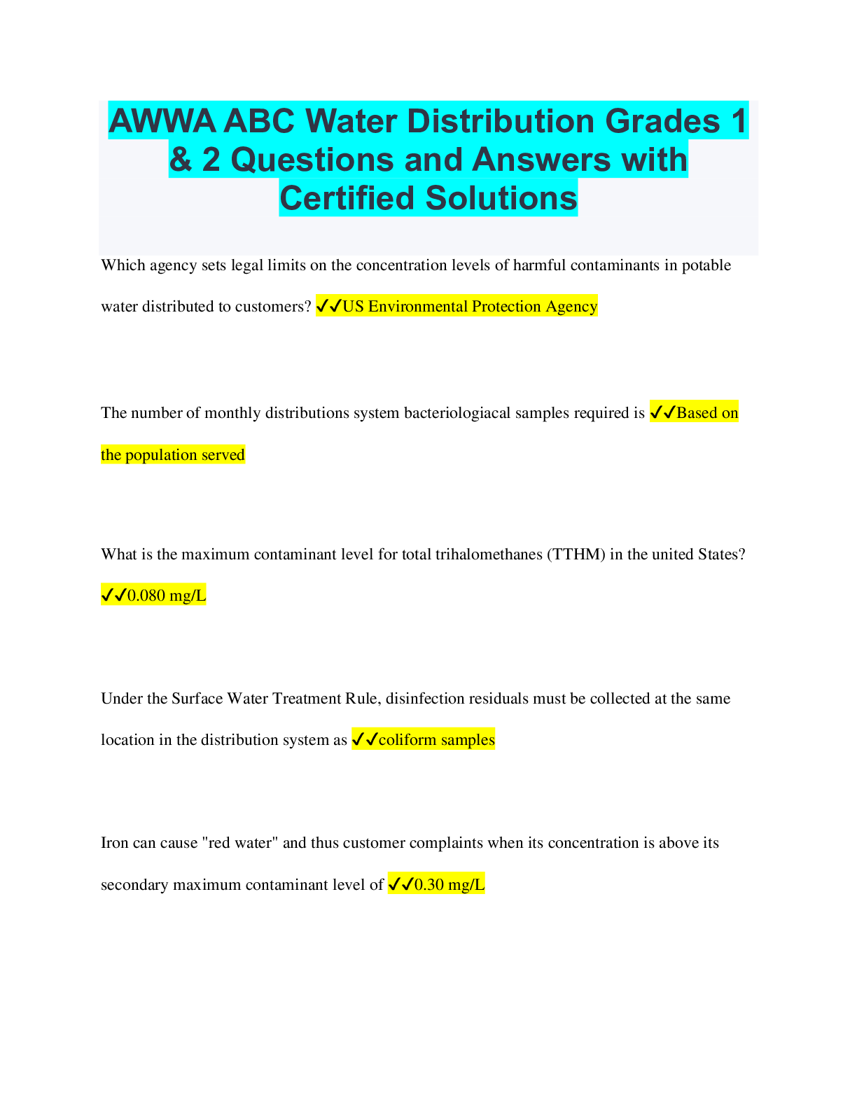 AWWA ABC Water Distribution Grades 1 & 2 Questions and Answers with ...