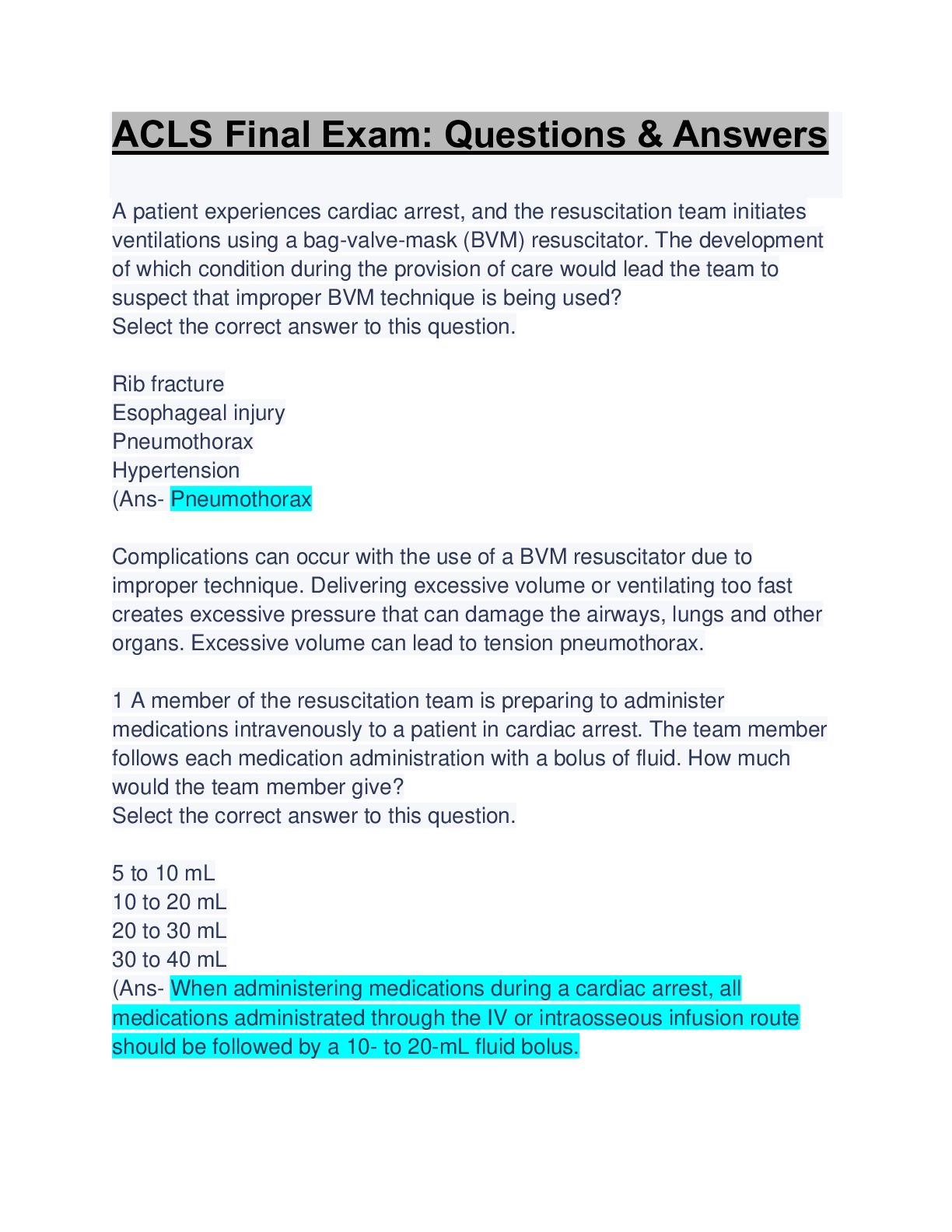 ACLS Final Exam: Questions & Answers: Latest Updated - Scholarfriends