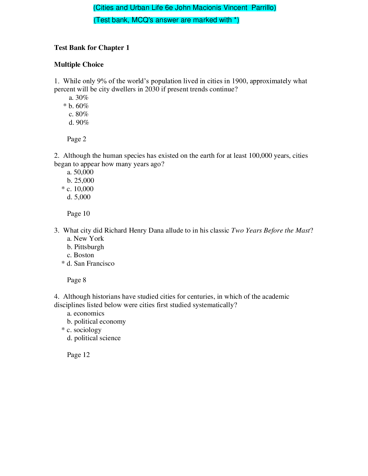 Cities and Urban Life 6e John Macionis Vincent Parrillo (Test Bank ...