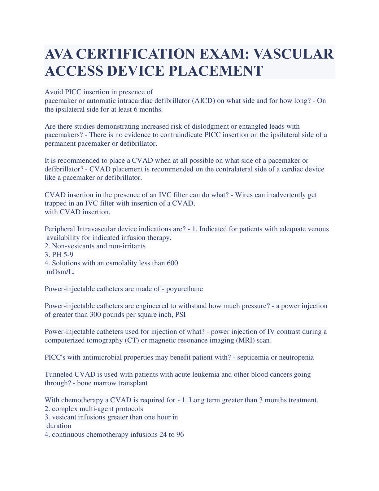 AVA CERTIFICATION EXAM: VASCULAR ACCESS DEVICE PLACEMENT - Scholarfriends