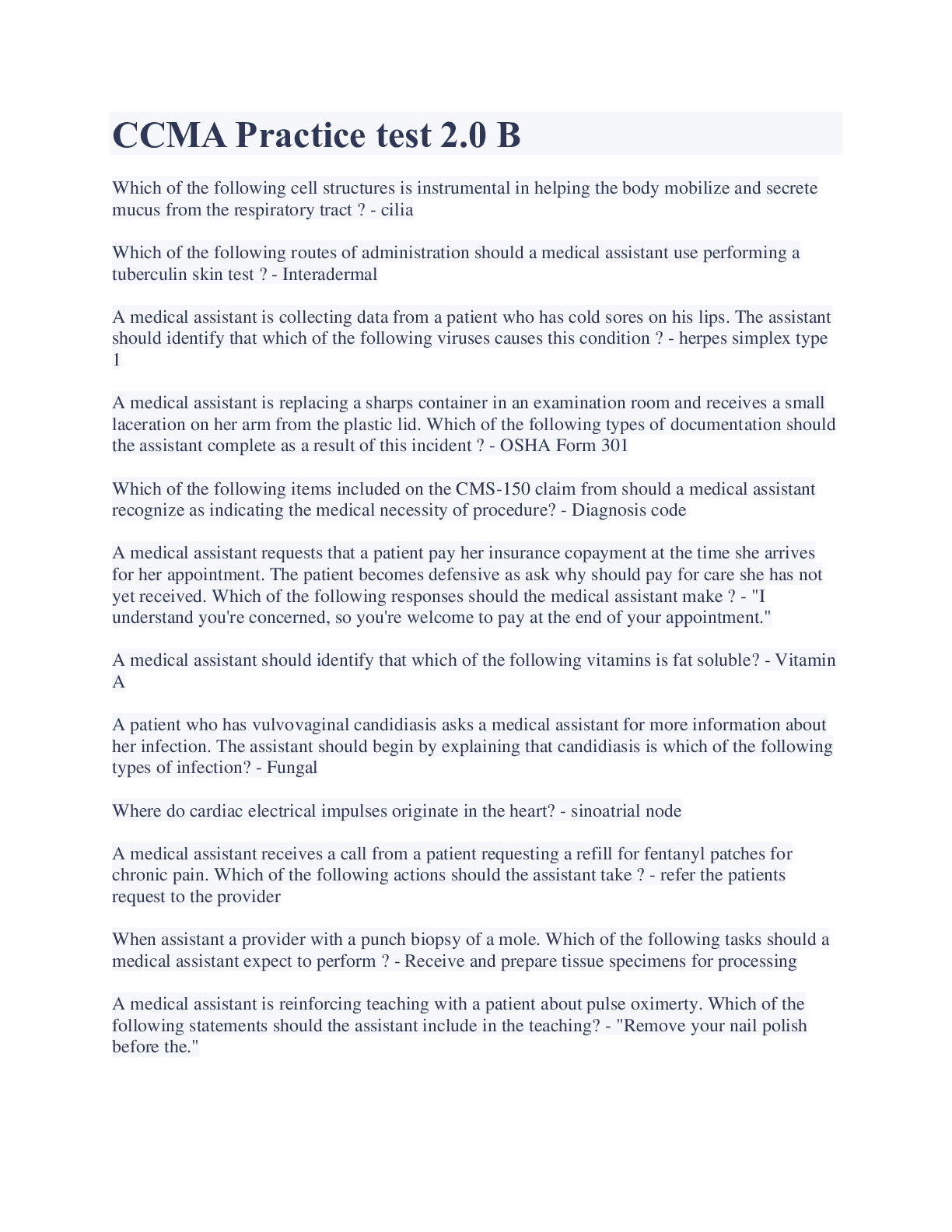 CCMA Practice test 2.0 B With Complete Solution - Scholarfriends