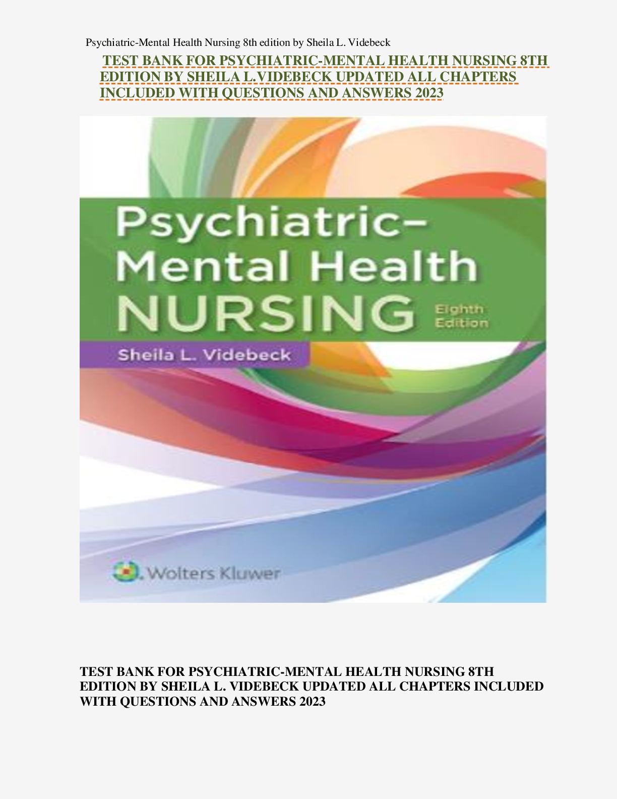 TEST BANK FOR PSYCHIATRIC-MENTAL HEALTH NURSING 8TH EDITION BY SHEILA L ...