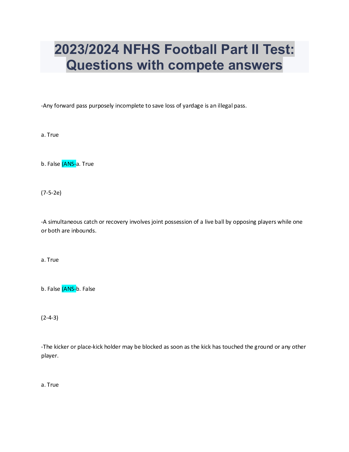 2023/2024 NFHS Football Part II Test: Questions with compete answers ... 2023/2024 NFHS Football Part II Test: Questions with compete answers ...