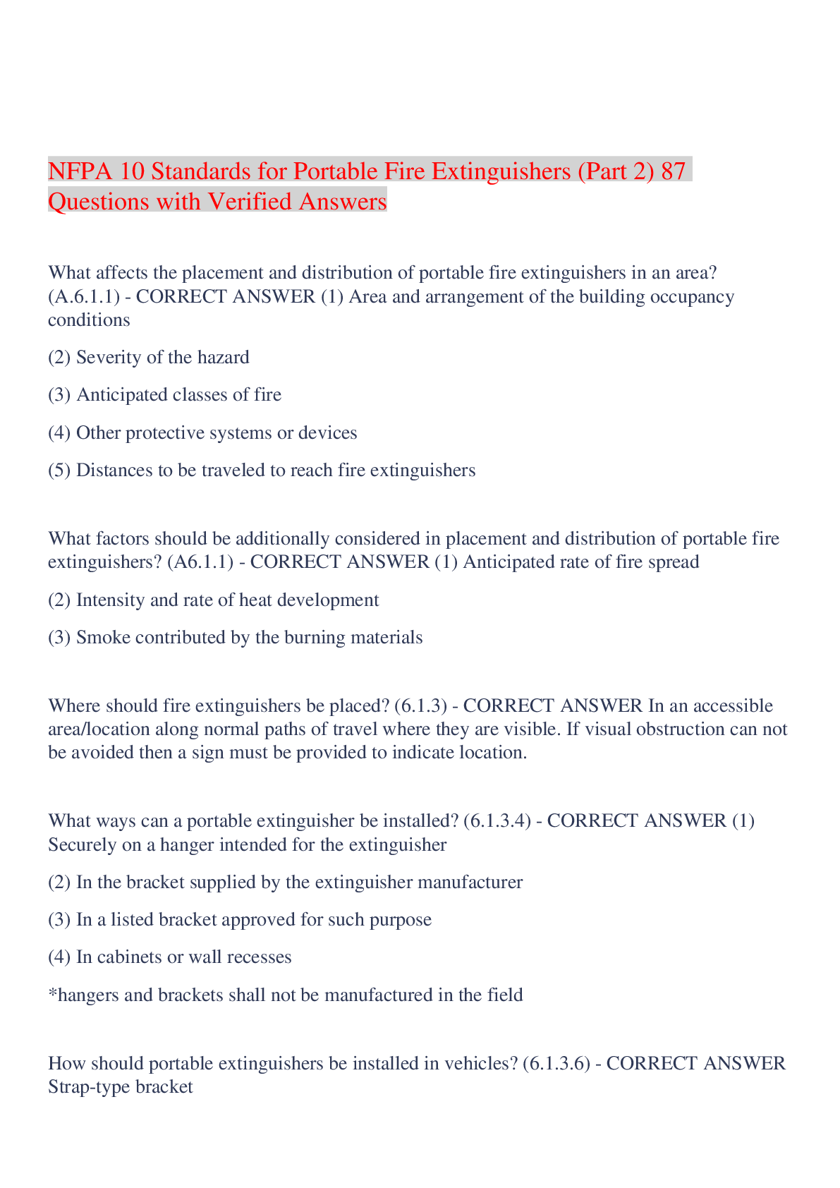 NFPA 10 Standards for Portable Fire Extinguishers (Part 2) 87 Questions with Verified Answers ...