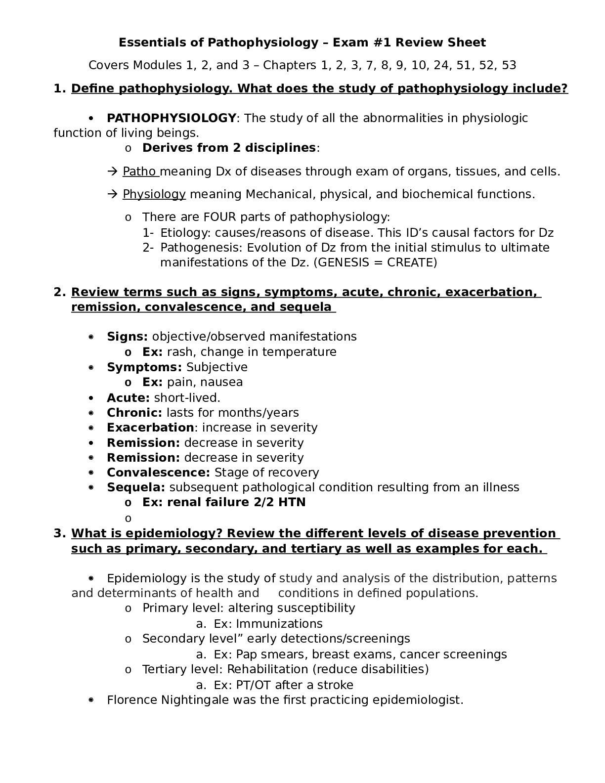 NUR2063 Essentials of Pathophysiology Exam 1 review sheet - Scholarfriends