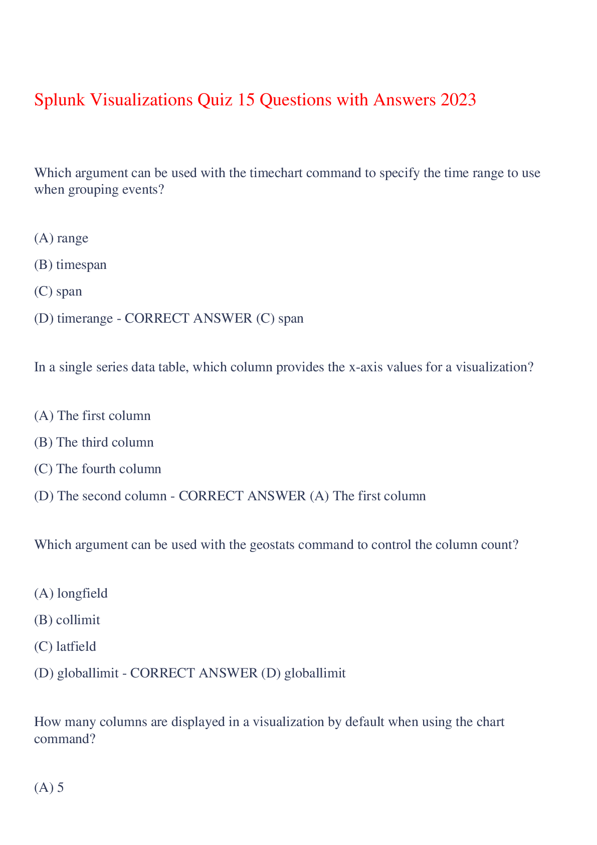 Splunk Visualizations Quiz 15 Questions with Answers 2023,100% CORRECT - Scholarfriends