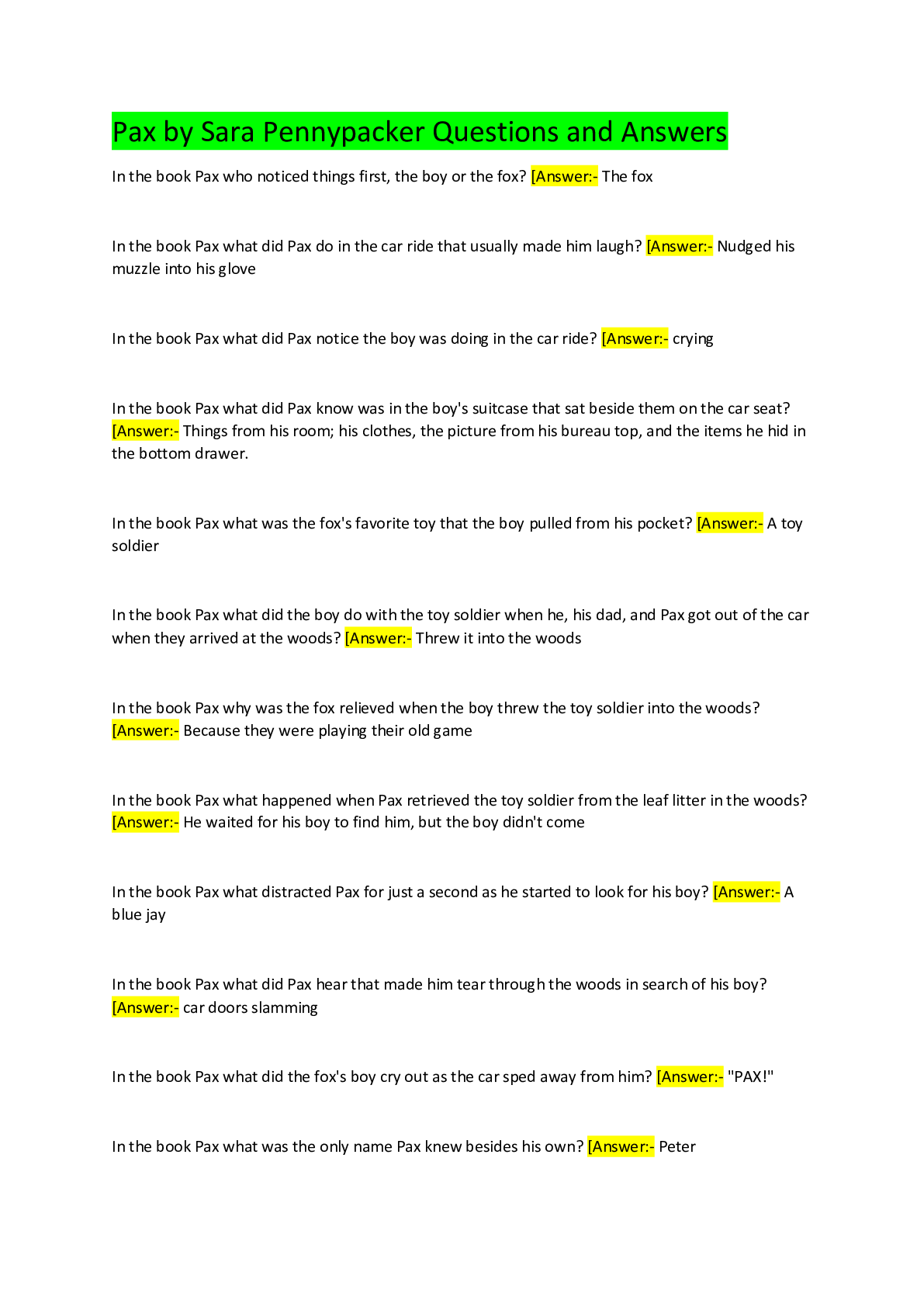 Pax by Sara Pennypacker Questions and Answers - Scholarfriends