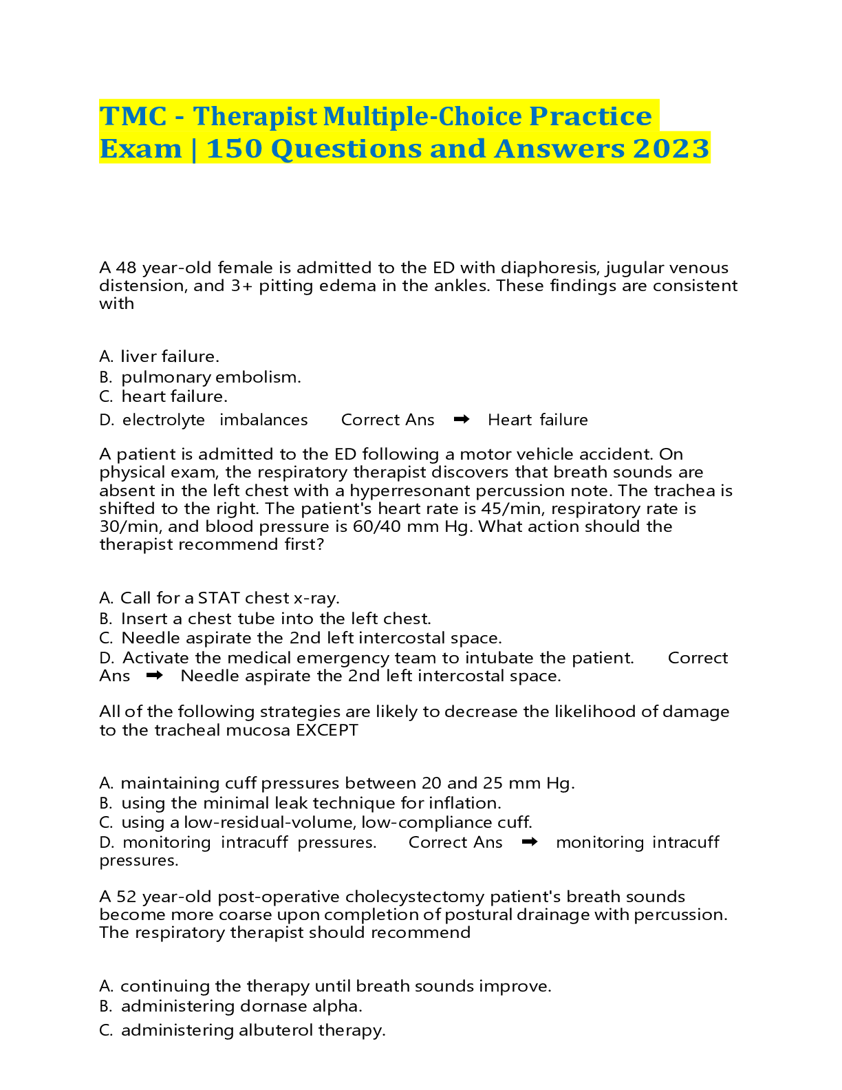 TMC - Therapist Multiple-Choice Practice Exam | 150 Questions and Answers 2023 - Scholarfriends