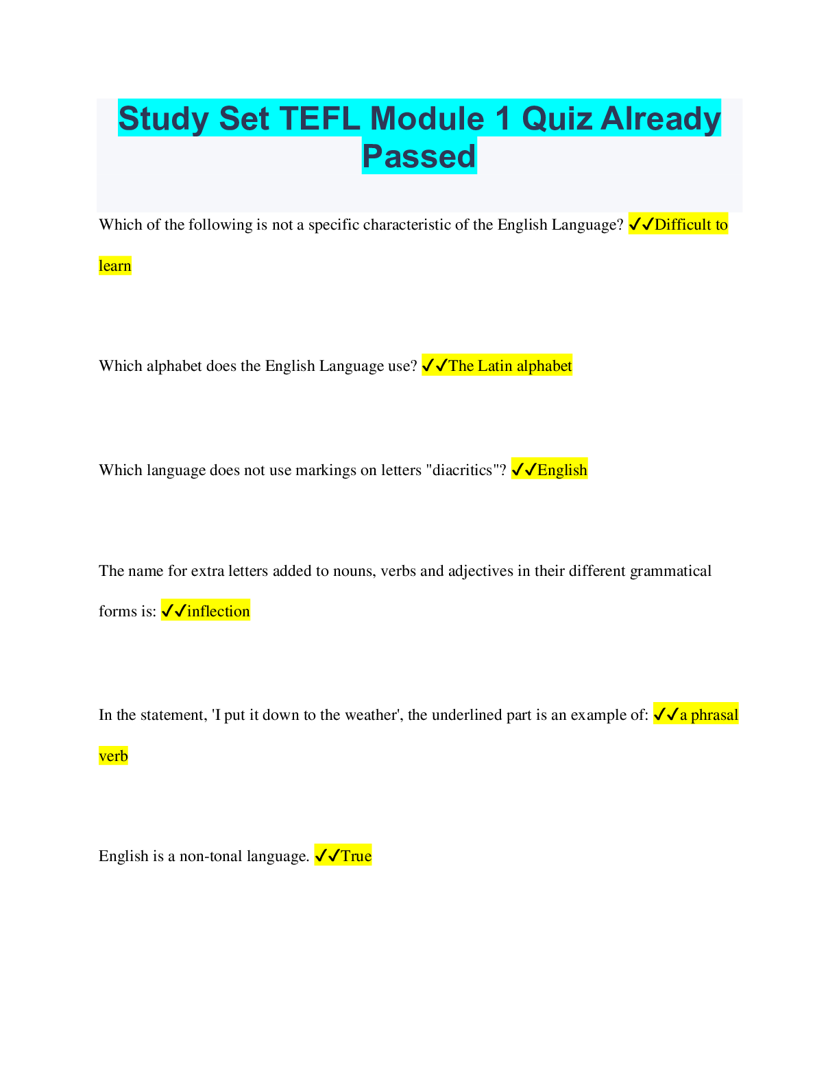 Study Set TEFL Module 1 Quiz Already Passed - Scholarfriends