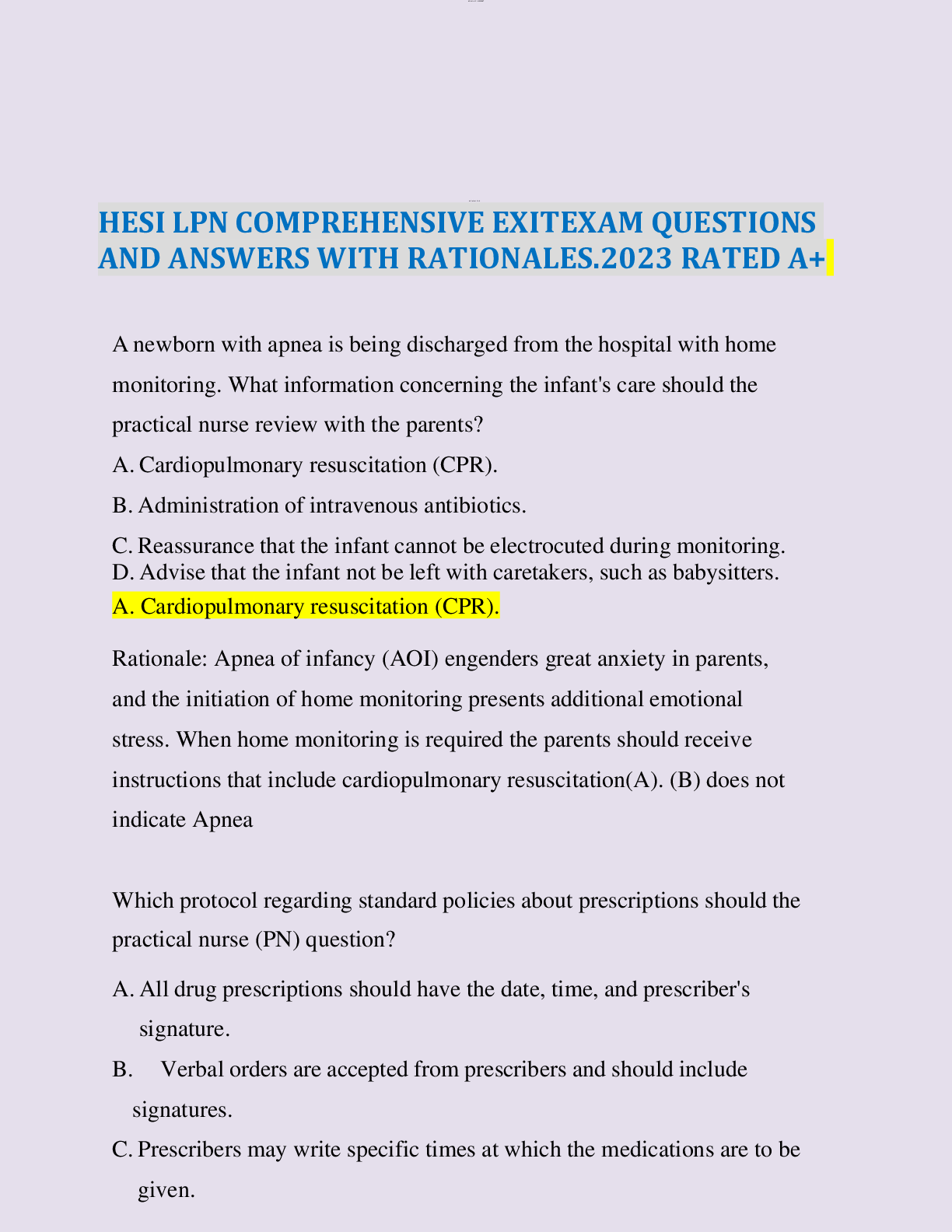 HESI LPN COMPREHENSIVE EXIT EXAM QUESTIONS AND ANSWERS WITH RATIONALES ...