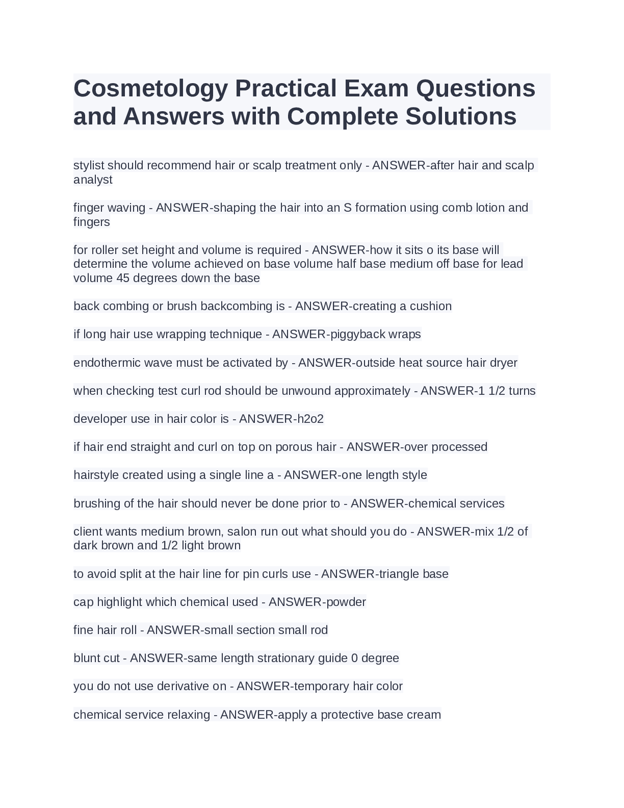 Cosmetology Practical Exam Questionsand Answers with Complete Solutions ...