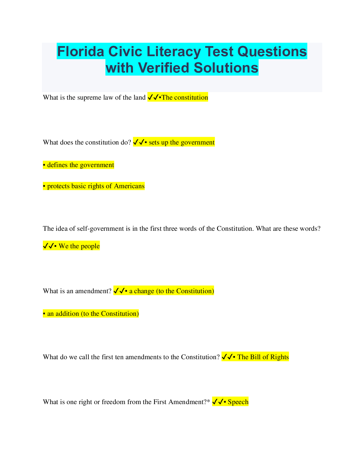 Florida Civic Literacy Test Questions with Verified Solutions ... Florida Civic Literacy Test Questions with Verified Solutions ...