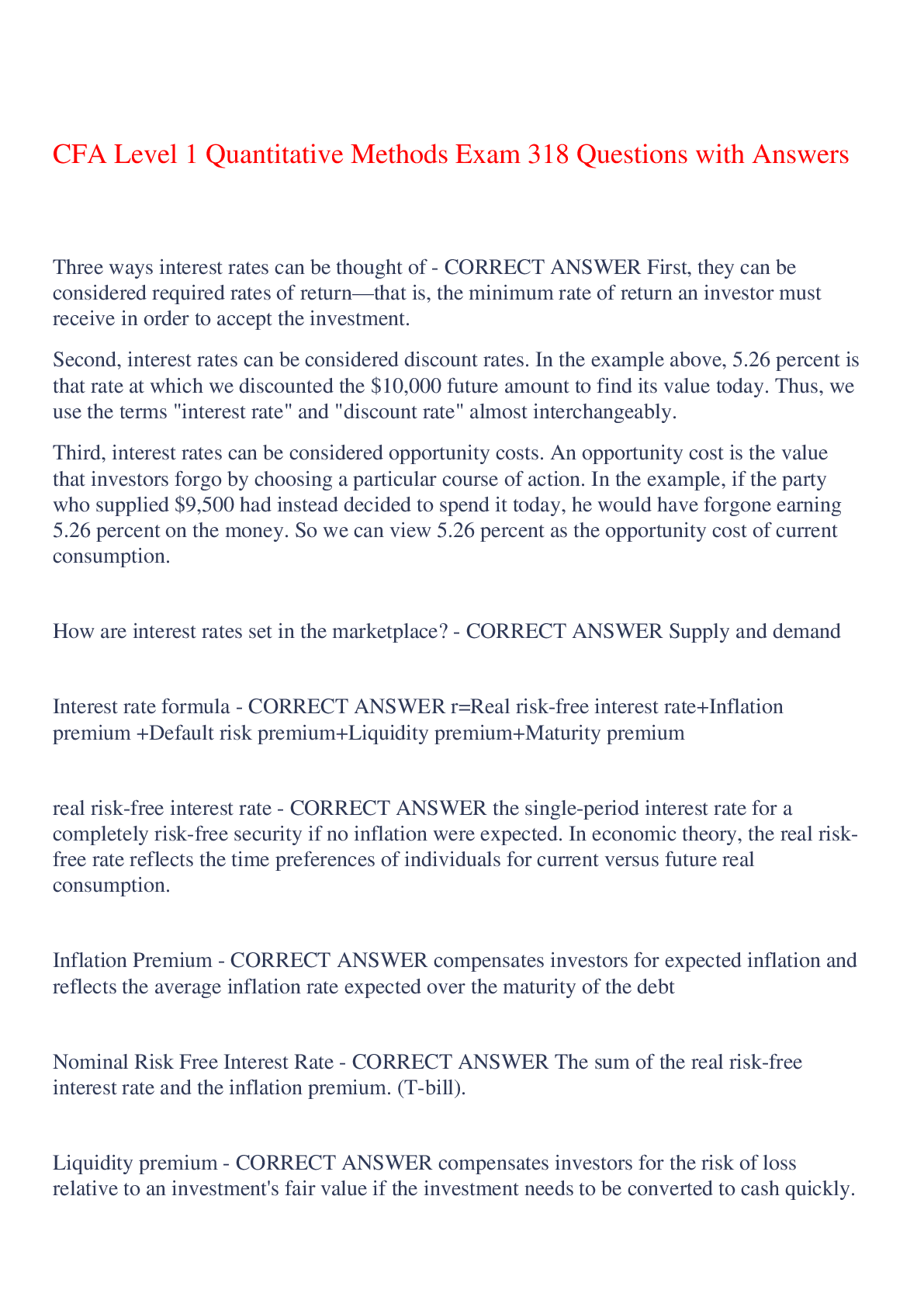 CFA Level 1 Quantitative Methods Exam 318 Questions with Answers,100% CORRECT - Scholarfriends