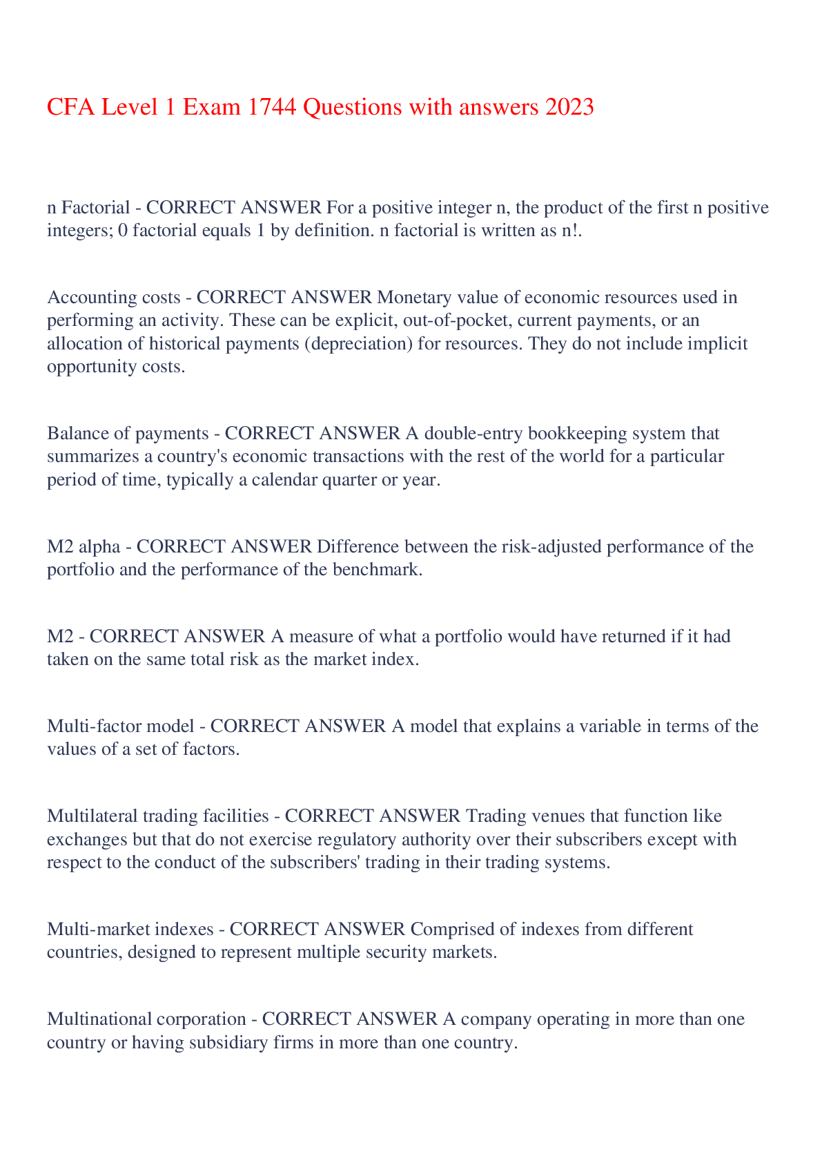 CFA Level 1 Exam 1744 Questions with answers 2023,100% CORRECT - Scholarfriends