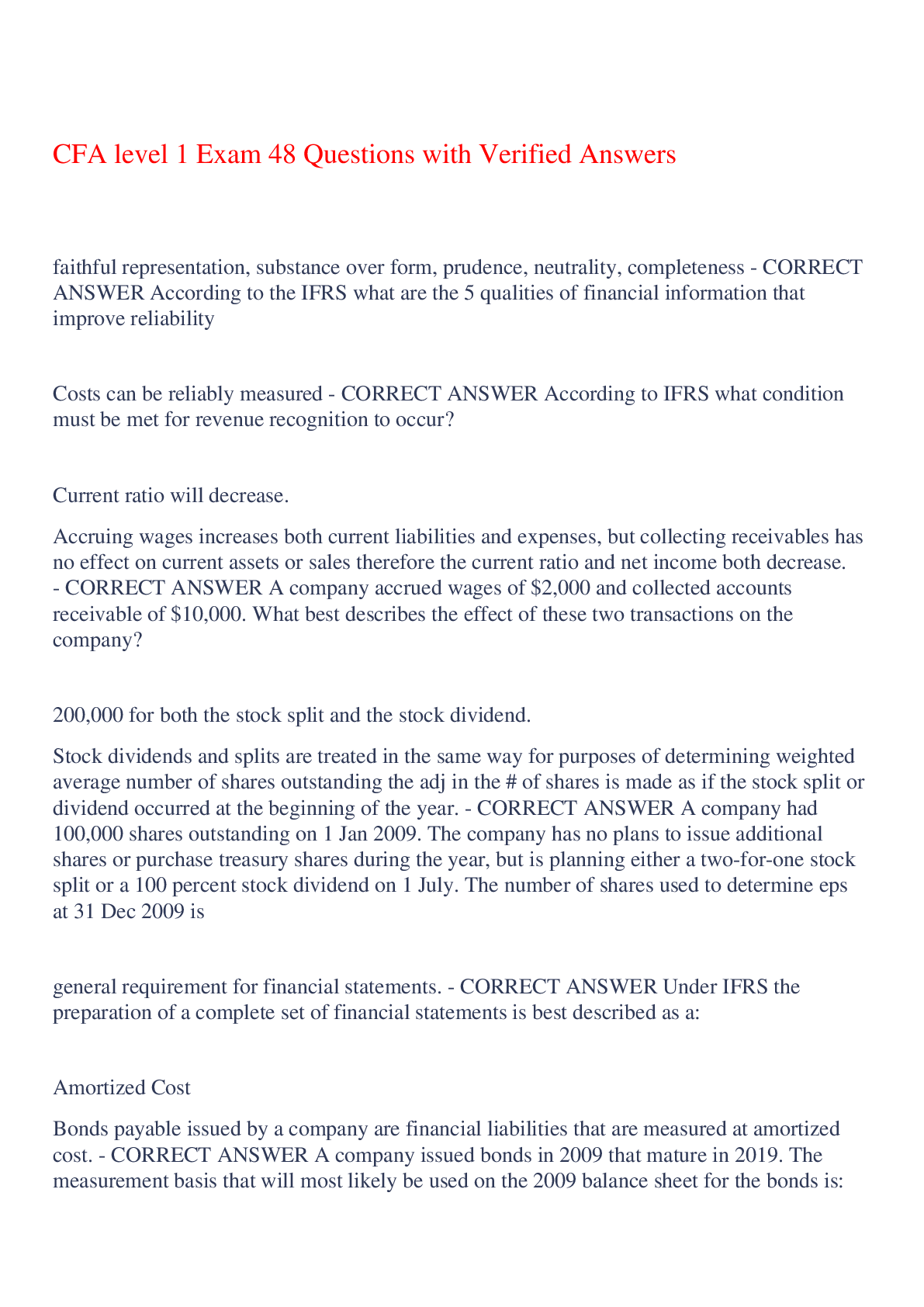 CFA level 1 Exam 48 Questions with Verified Answers,100% CORRECT - Scholarfriends