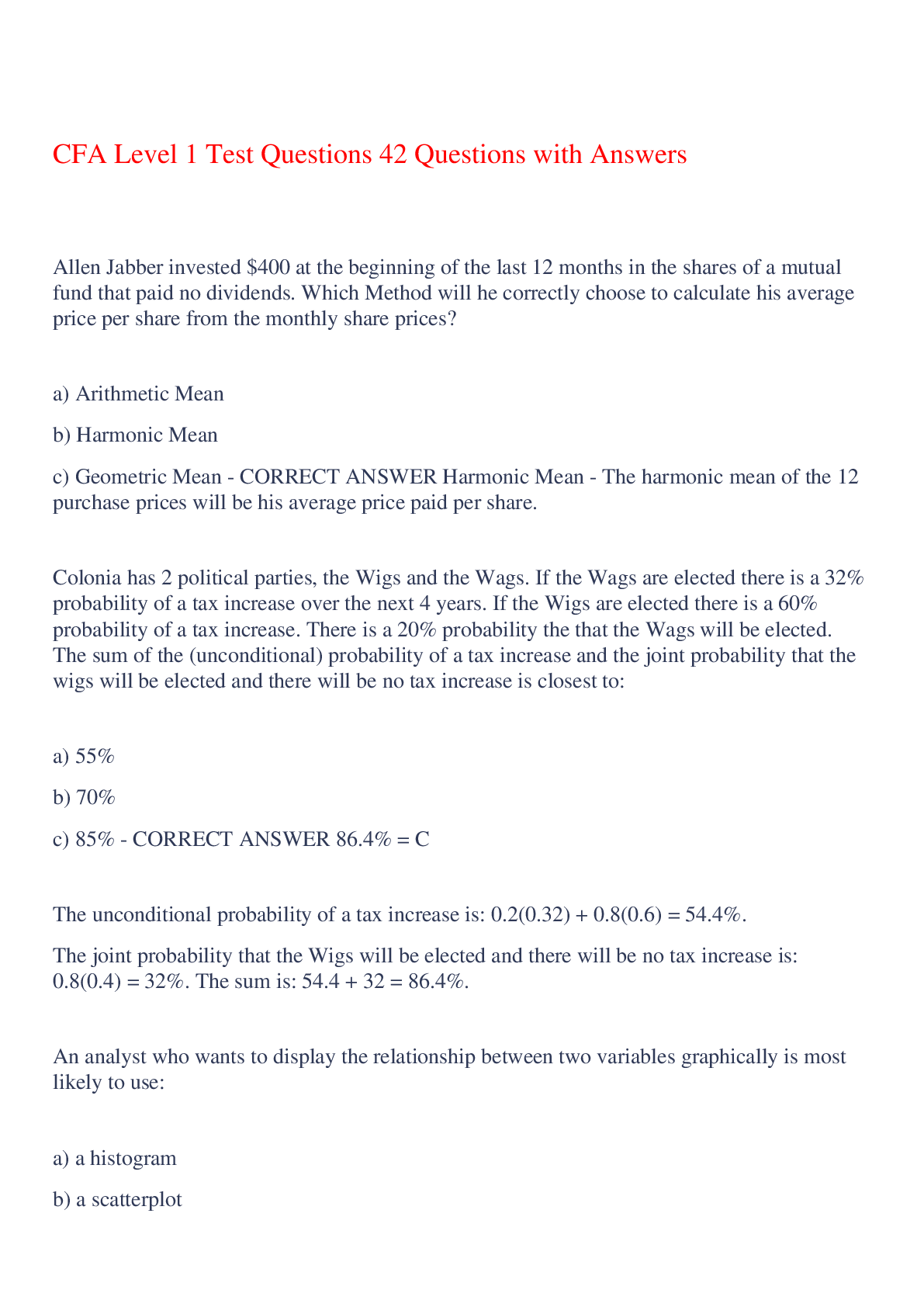 CFA Level 1 Test Questions 42 Questions with Answers,100% CORRECT ...