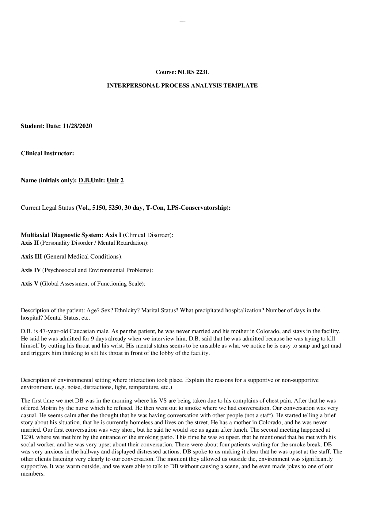 NURS 223L Interpersonal Process Analysis Template - Scholarfriends