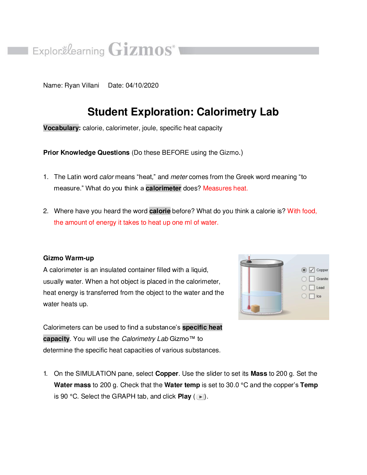 GIZMOS Student Exploration_Calorimetry Lab: Vocabulary: calorie ...