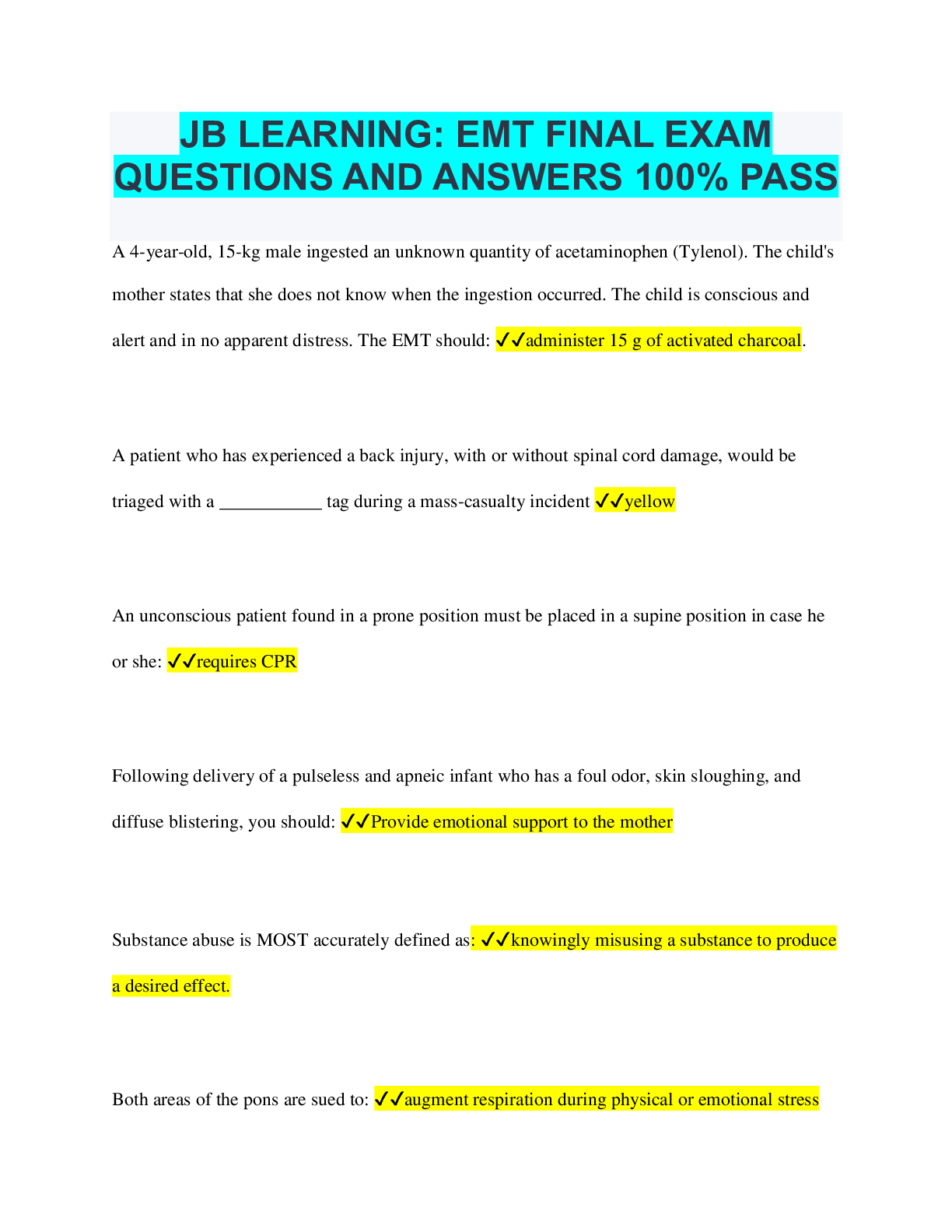 JB LEARNING: EMT FINAL EXAM QUESTIONS AND ANSWERS 100% PASS ...