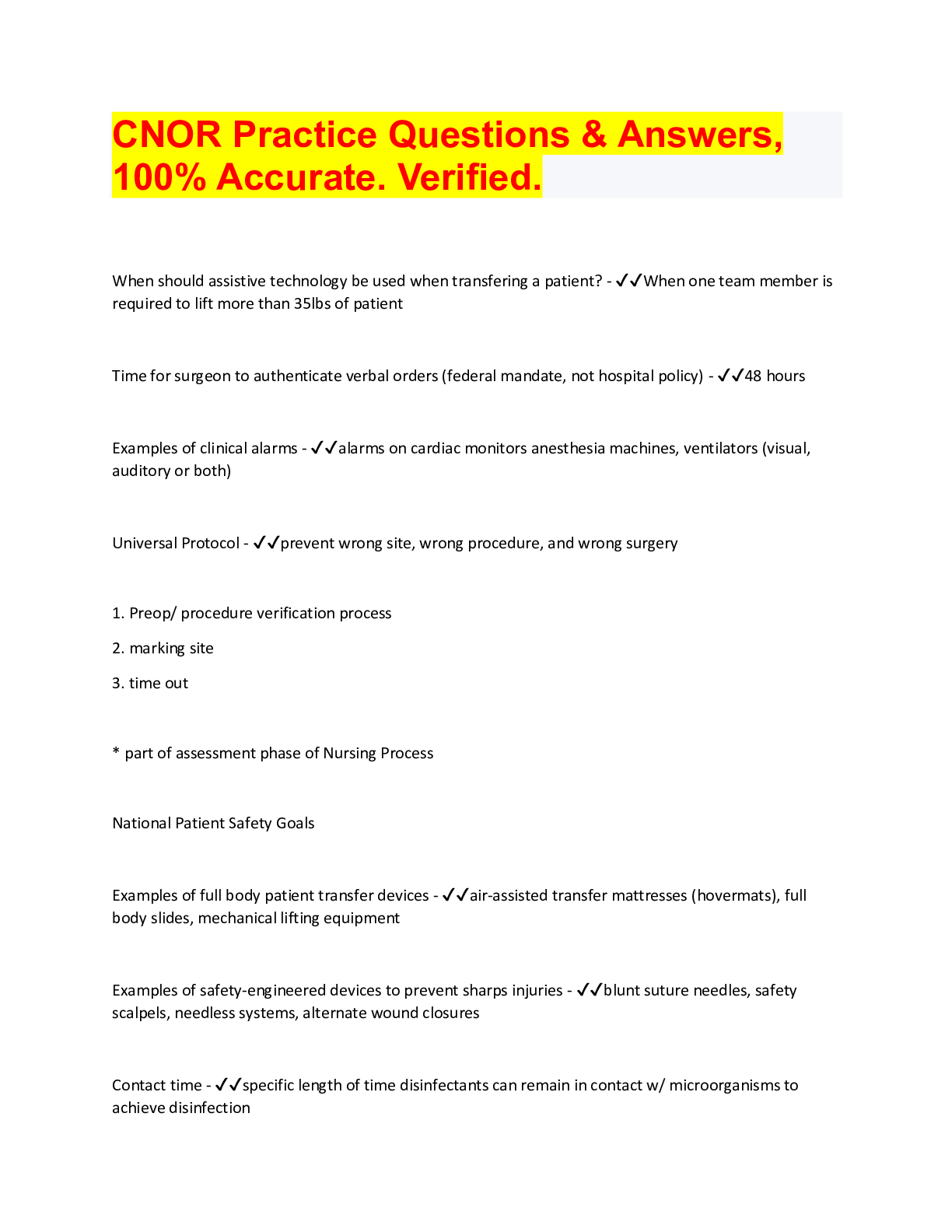 CNOR Practice Questions & Answers, 100% Accurate. Verified ...