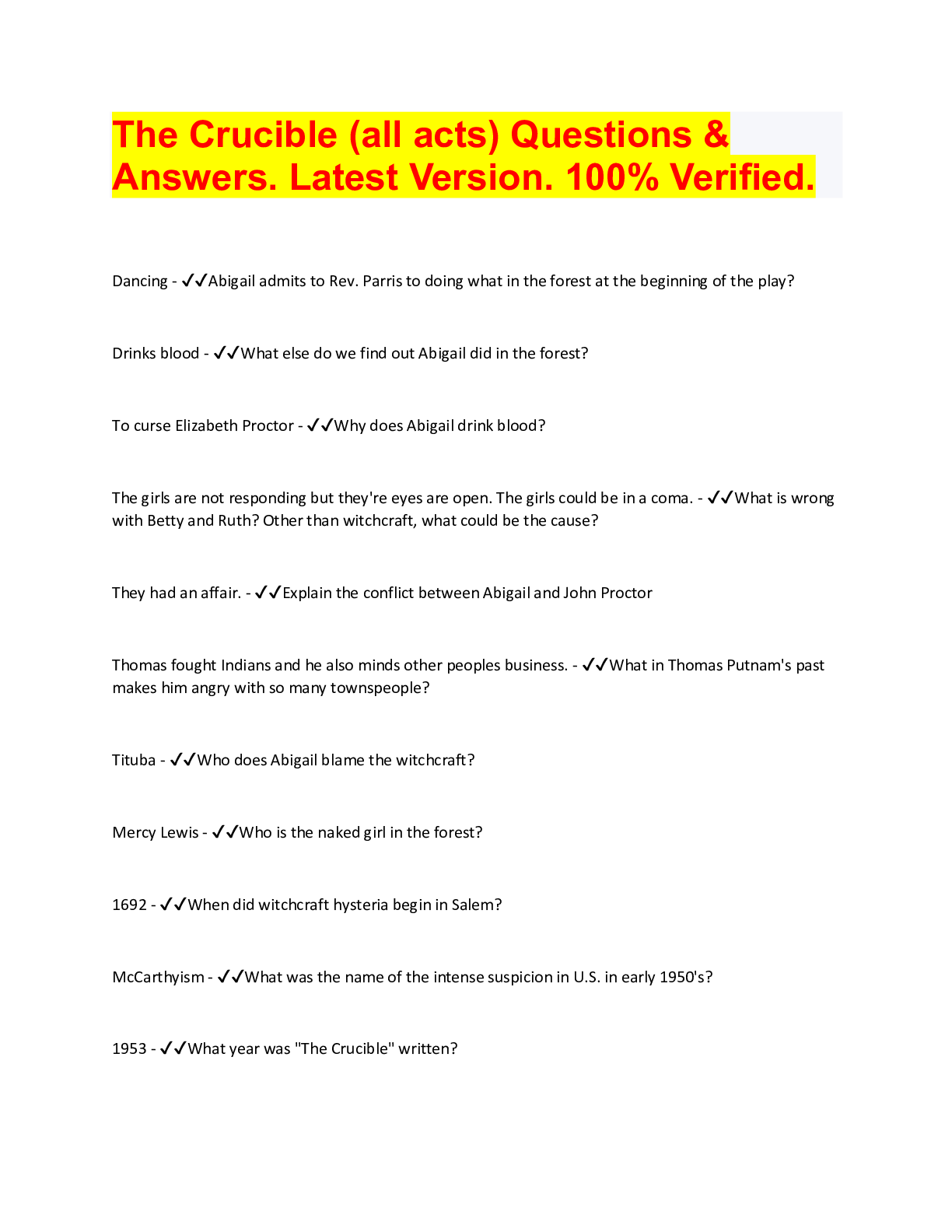 The Crucible (all acts) Questions & Answers. Latest Version. 100% ...