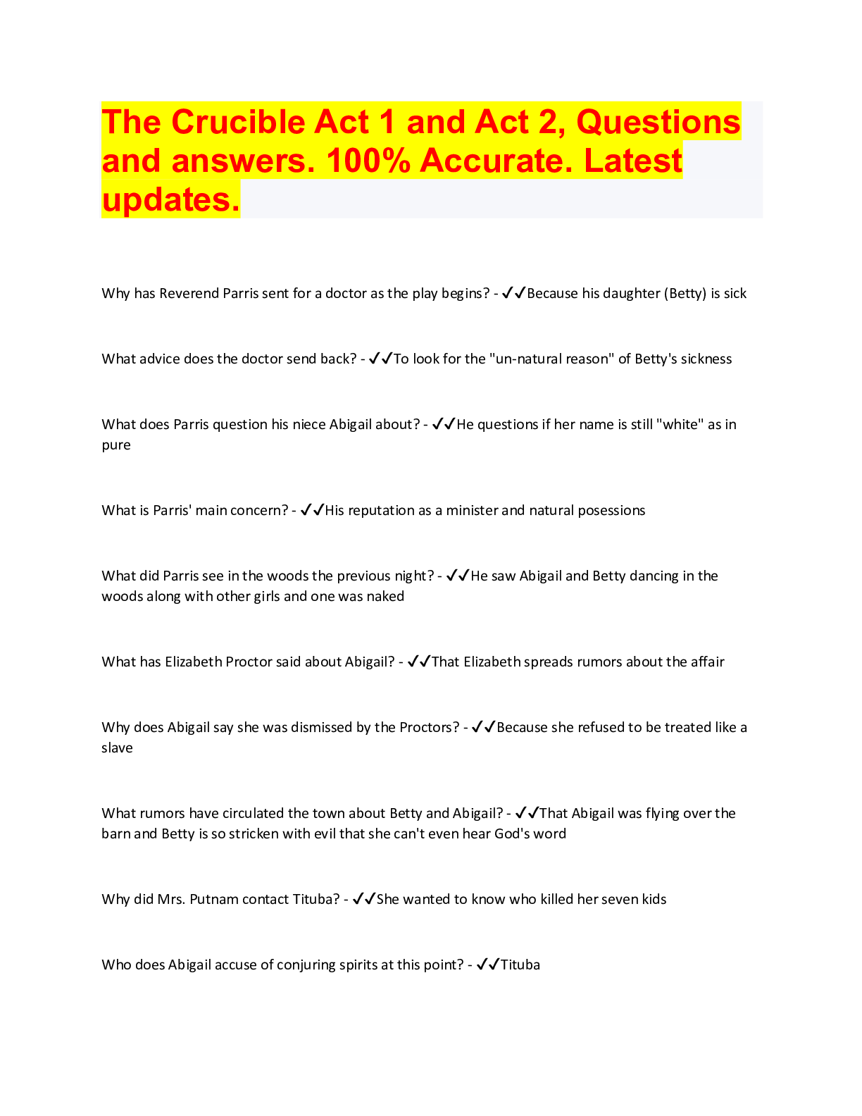 The Crucible Act 1 and Act 2, Questions and answers. 100% Accurate ...