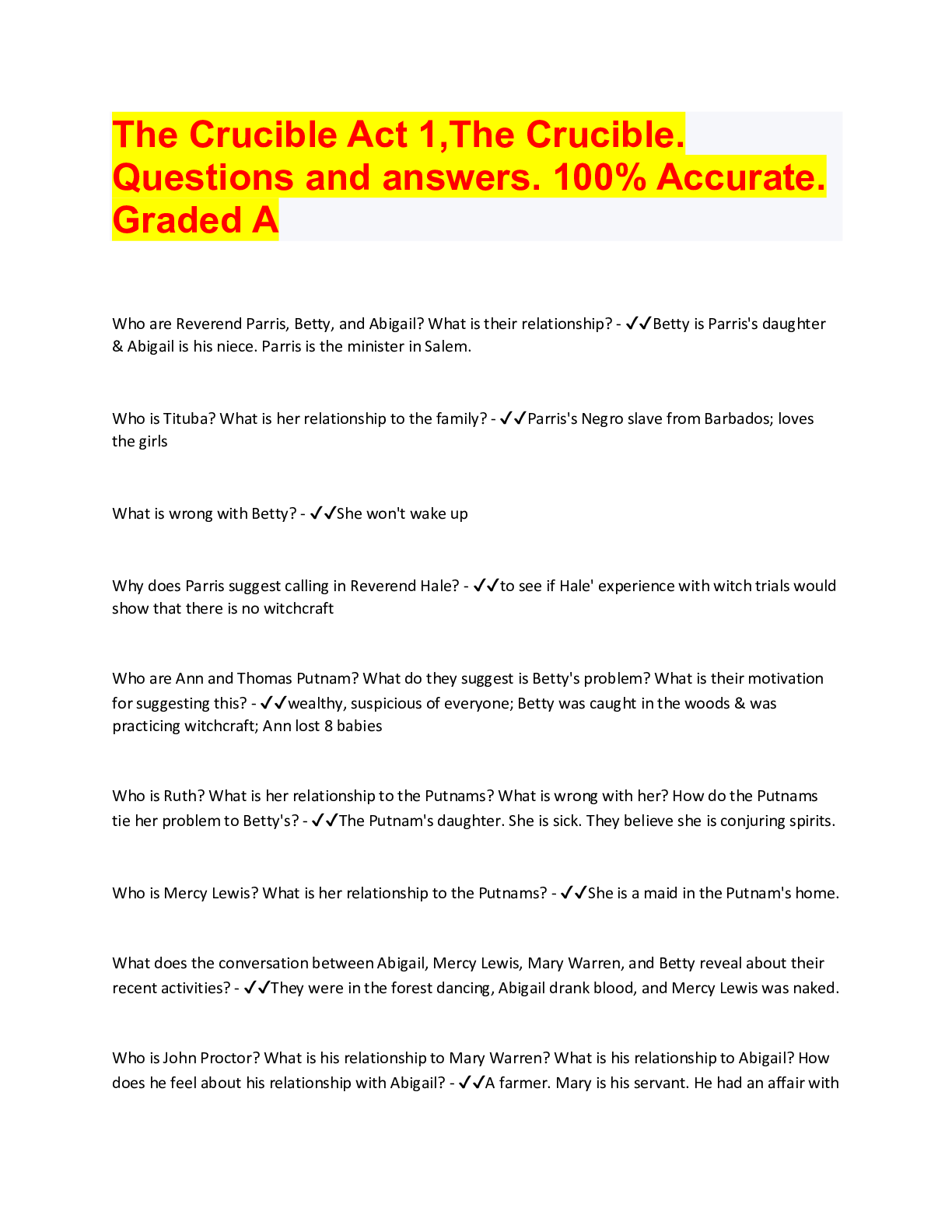 The Crucible Act 1,The Crucible. Questions and answers. 100% Accurate ...