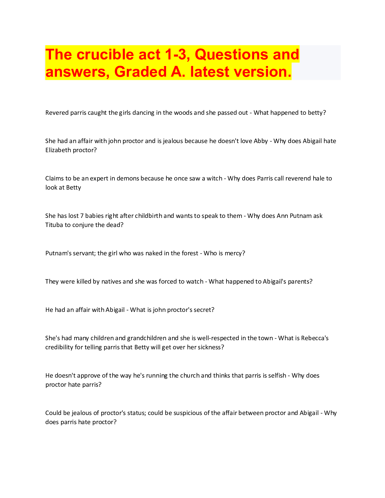 The crucible act 1-3, Questions and answers, Graded A. latest version ...