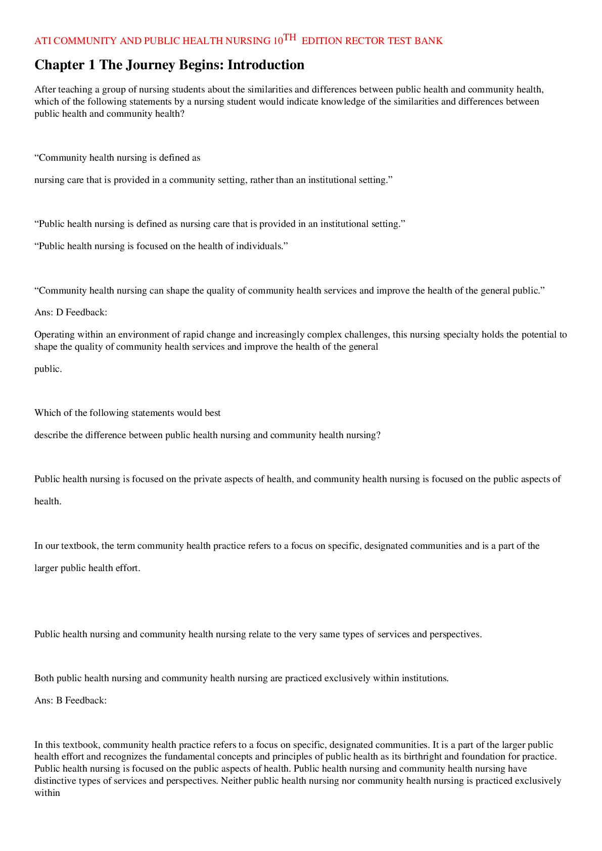 ATI COMMUNITY AND PUBLIC HEALTH NURSING 10TH EDITION RECTOR TEST BANK ...