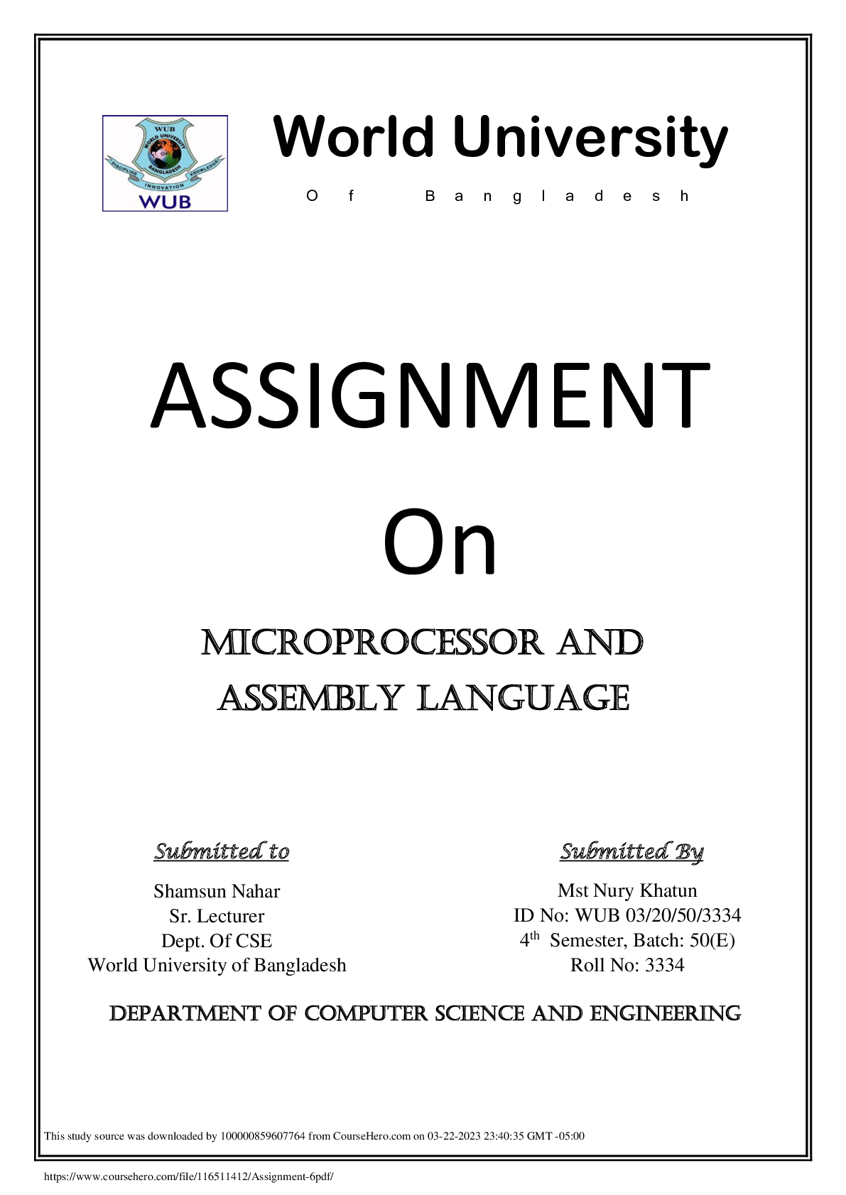 World University of Bangladesh ASSIGNMENT On Microprocessor and ...