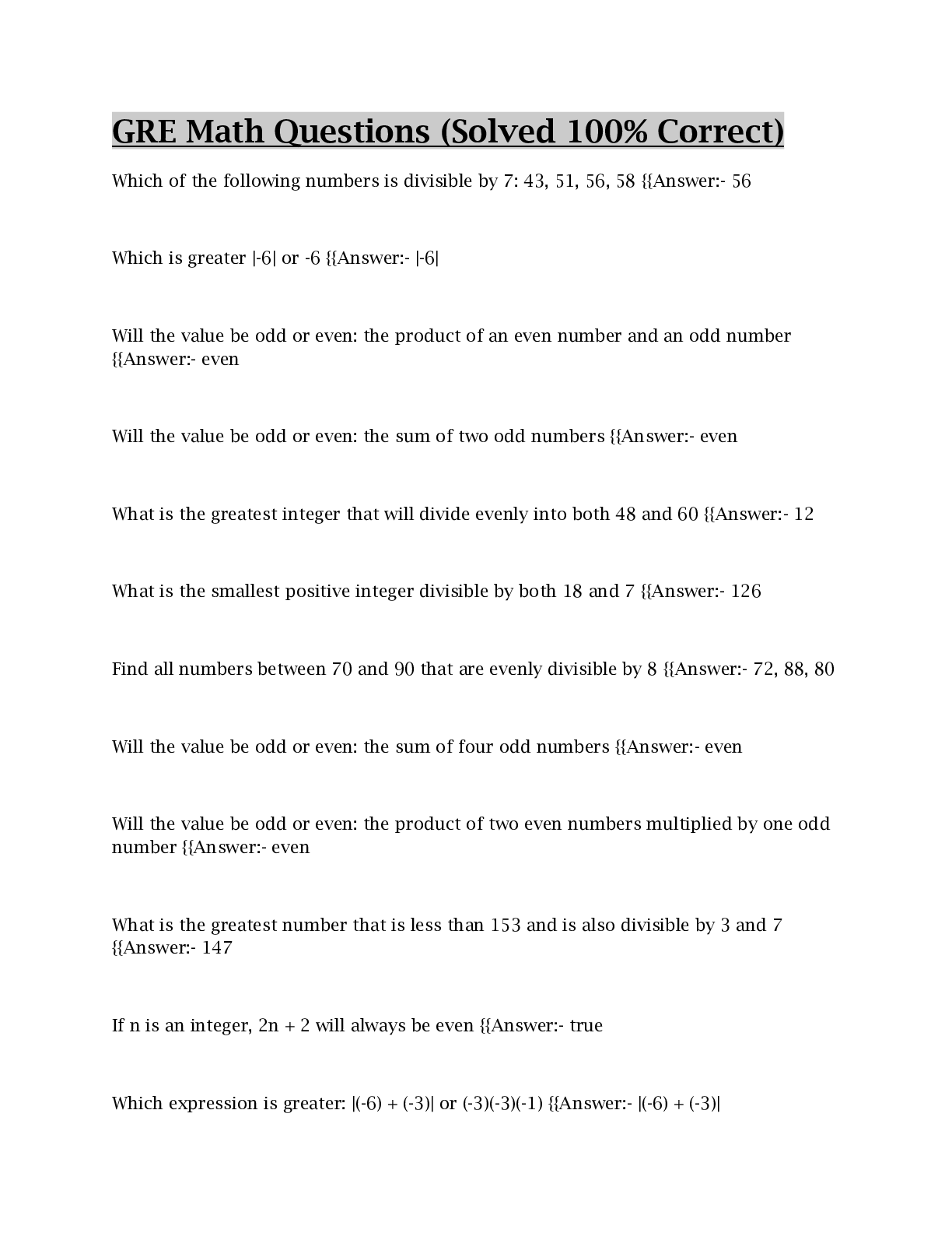 GRE Math Questions (Solved 100% Correct) - Scholarfriends