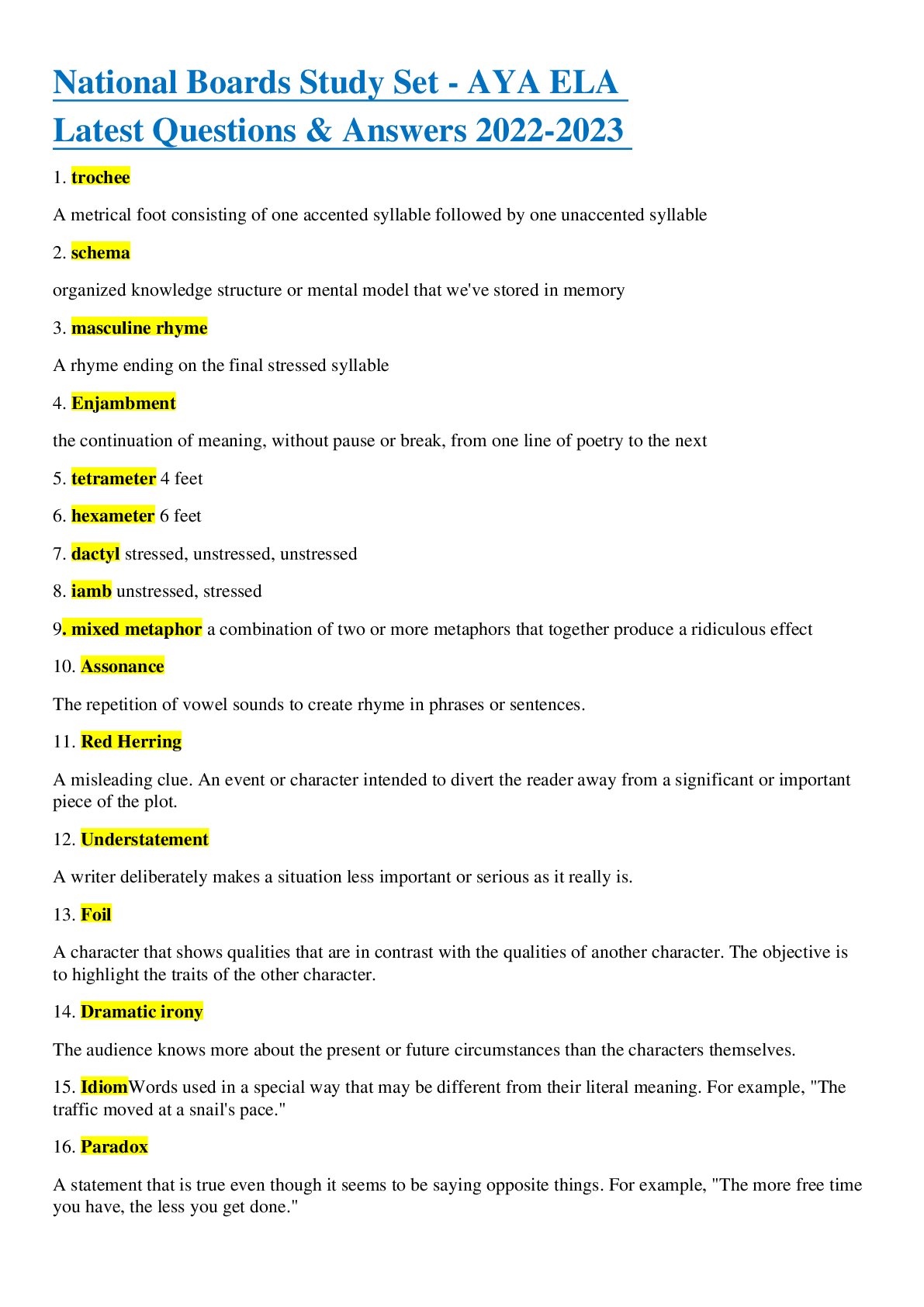 National Boards Study Set - AYA ELA Latest Questions & Answers 2022 ...