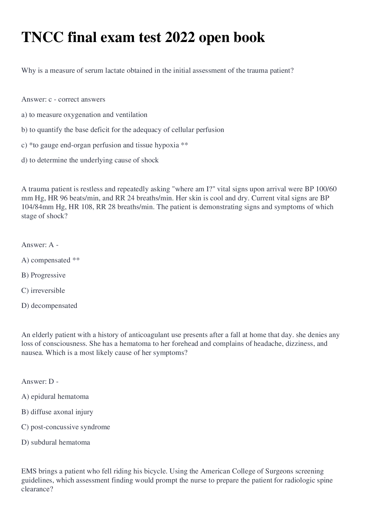 TNCC Final Exam Test 2022 Open Book Latest 2022 Graded A - Browsegrades