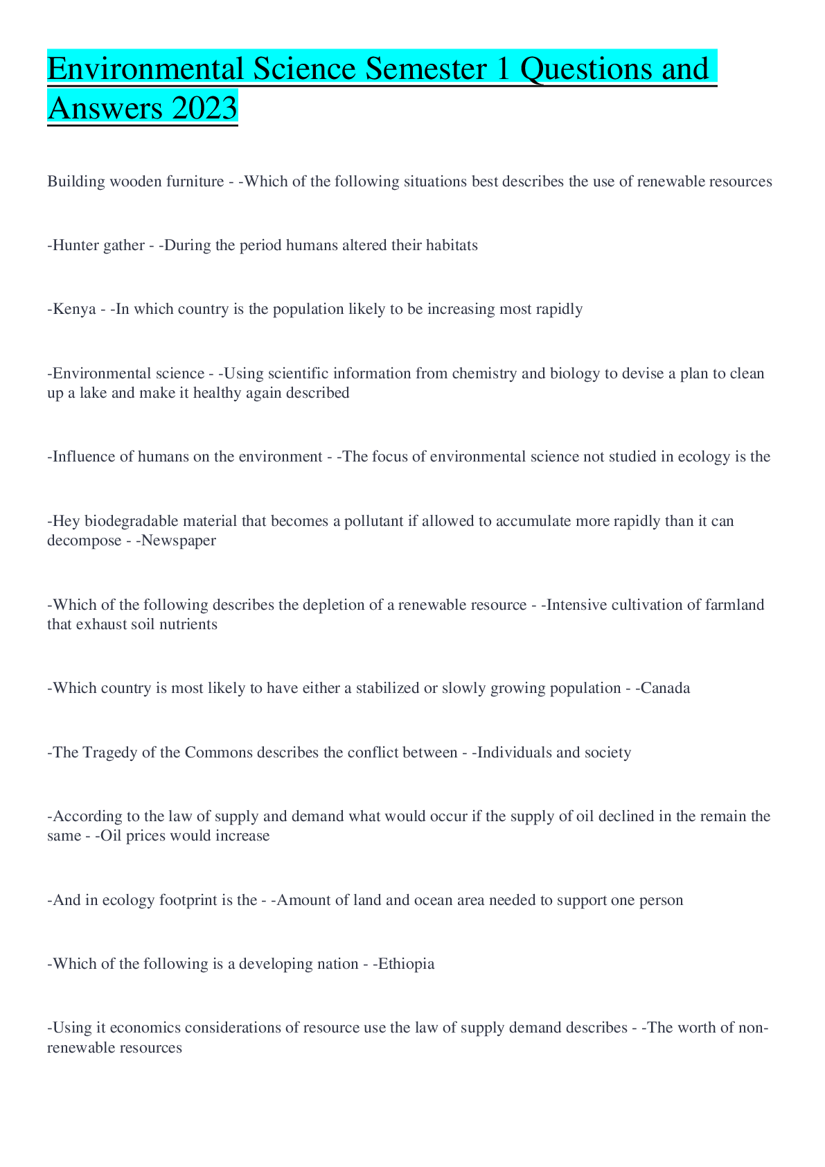 Environmental Science Semester 1 Questions and Answers 2023 ...