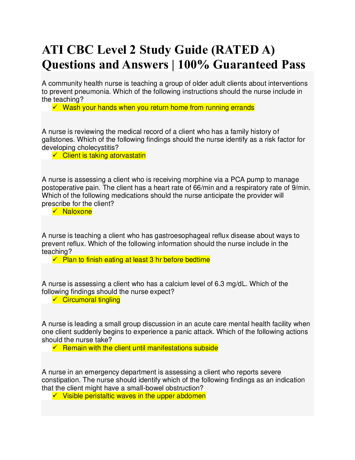 ATI CBC Level 2 Study Guide (RATED A) Questions and Answers | 100% ...
