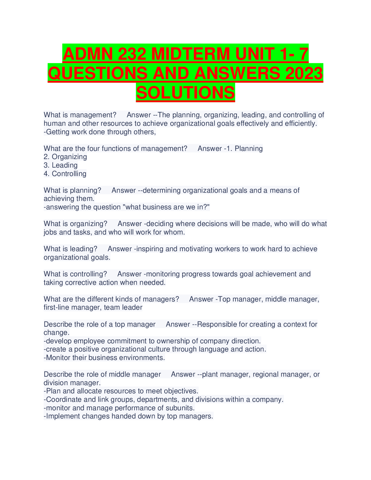 ADMN 232 MIDTERM UNIT 1- 7 EXAM QUESTIONS AND ANSWERS 2023 SOLUTIONS ATHABASCA UNIVERSITY ...