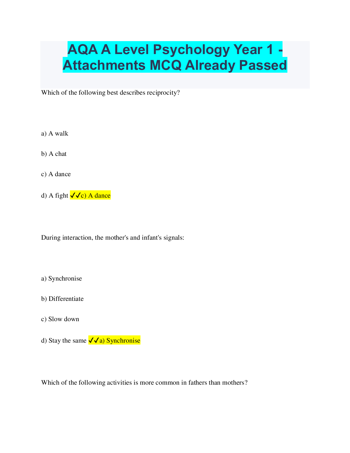 AQA A Level Psychology Year 1 - Attachments MCQ Already Passed ...