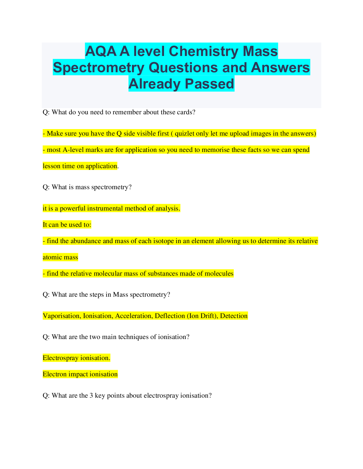 AQA A level Chemistry Mass Spectrometry Questions and Answers Already ...