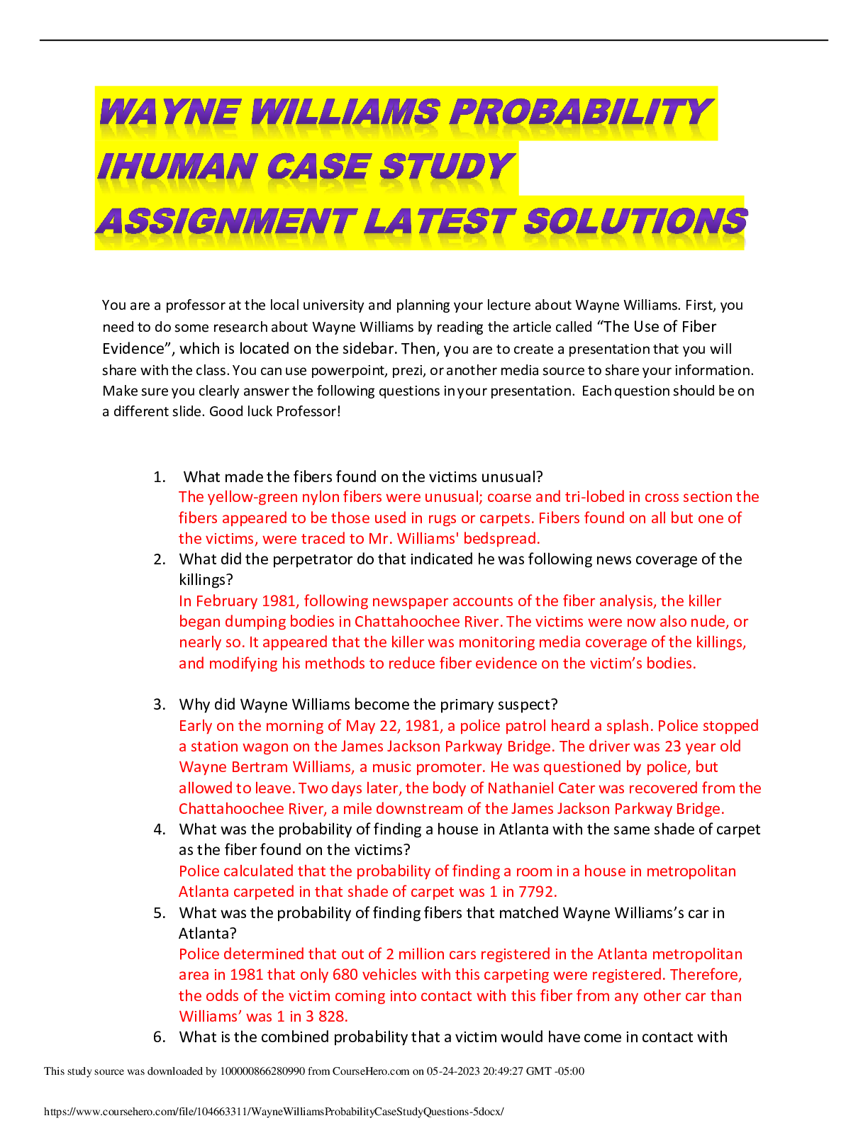 WAYNE WILLIAMS PROBABILITY IHUMAN CASE STUDY ASSIGNMENT LATEST ...