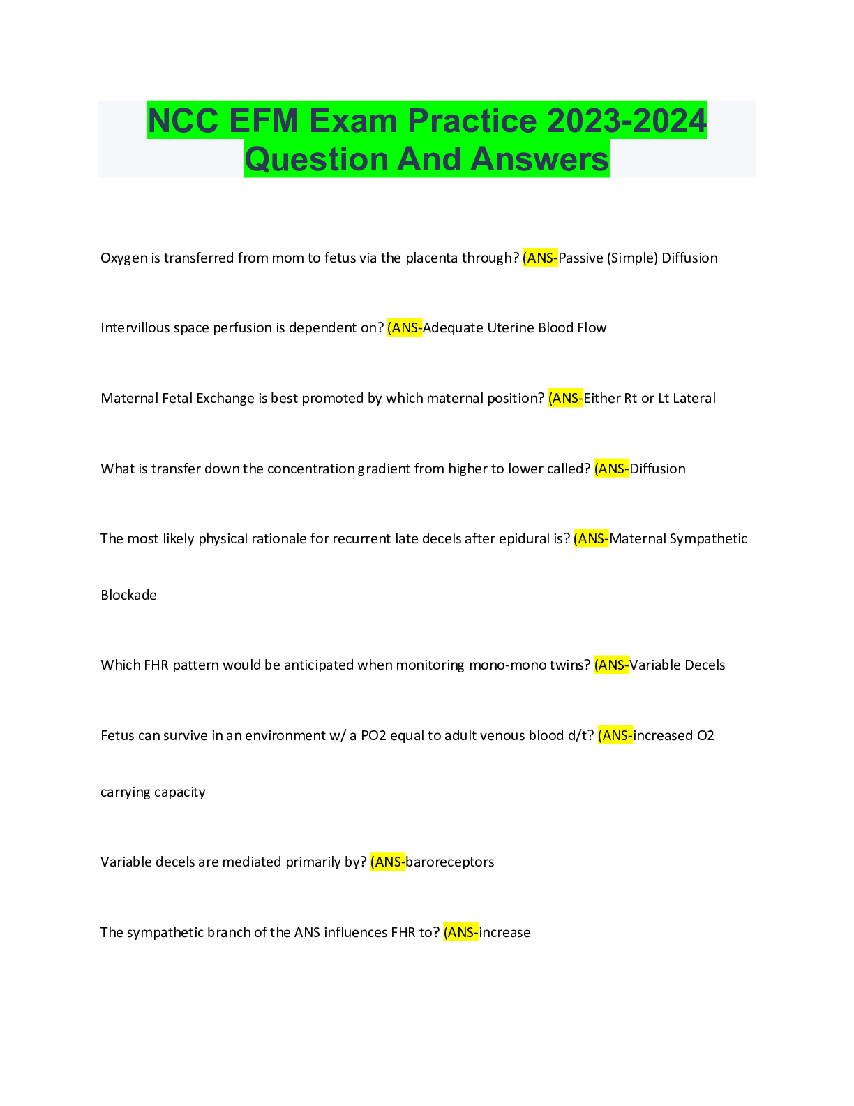 NCC EFM Exam Practice 2023-2024 Question And Answers - Scholarfriends