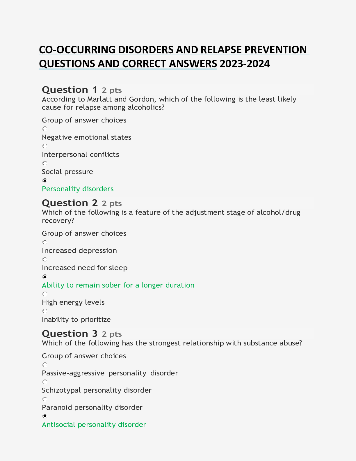 CO-OCCURRING DISORDERS AND RELAPSE PREVENTION QUESTIONS AND CORRECT ...