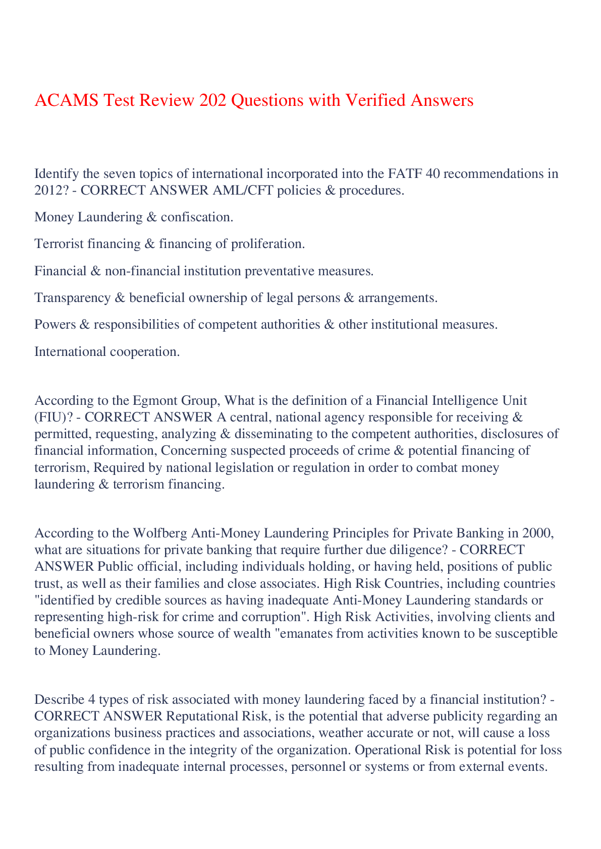 ACAMS Test Review 202 Questions with Verified Answers,100% CORRECT ...