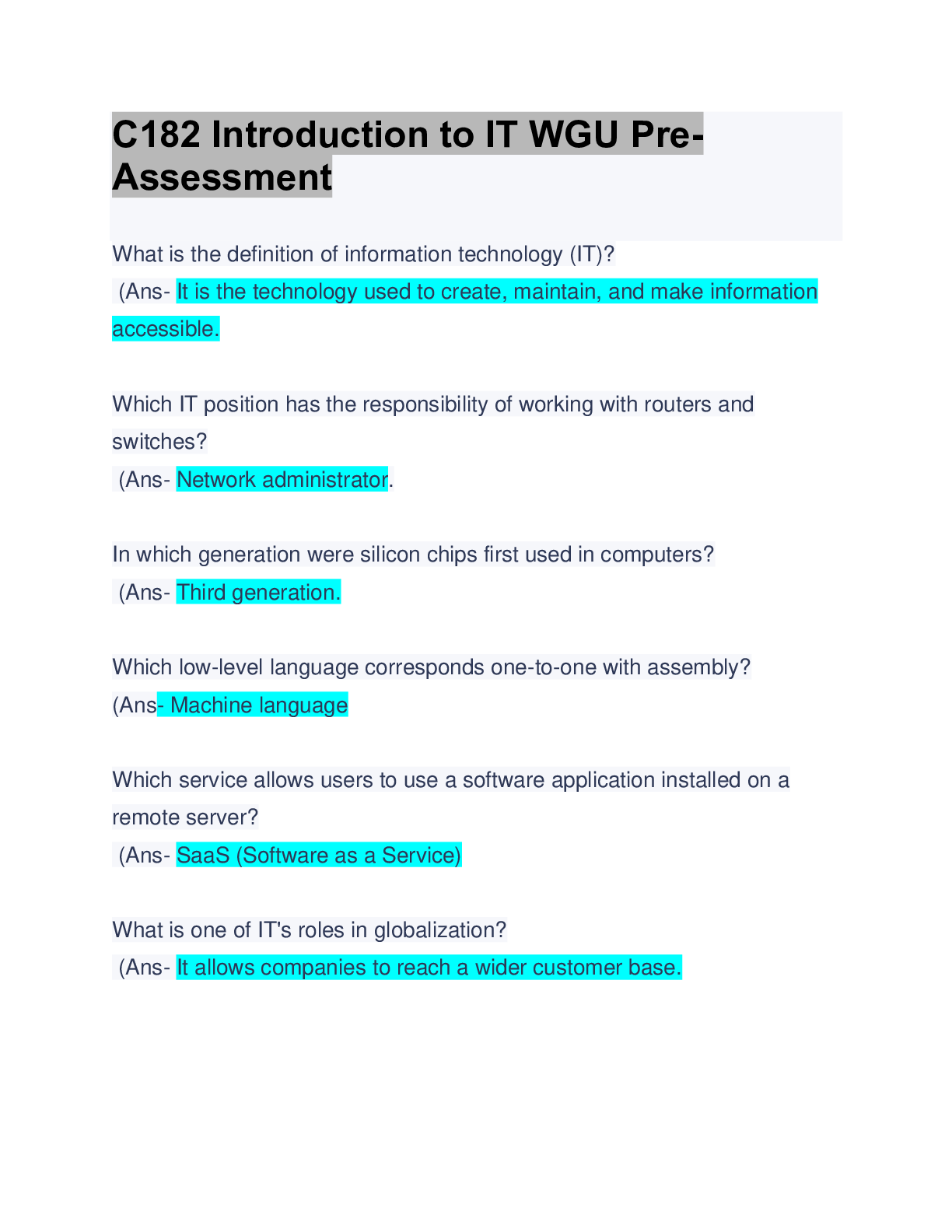 C182 Introduction to IT WGU Pre-Assessment: Questions & Answers ...