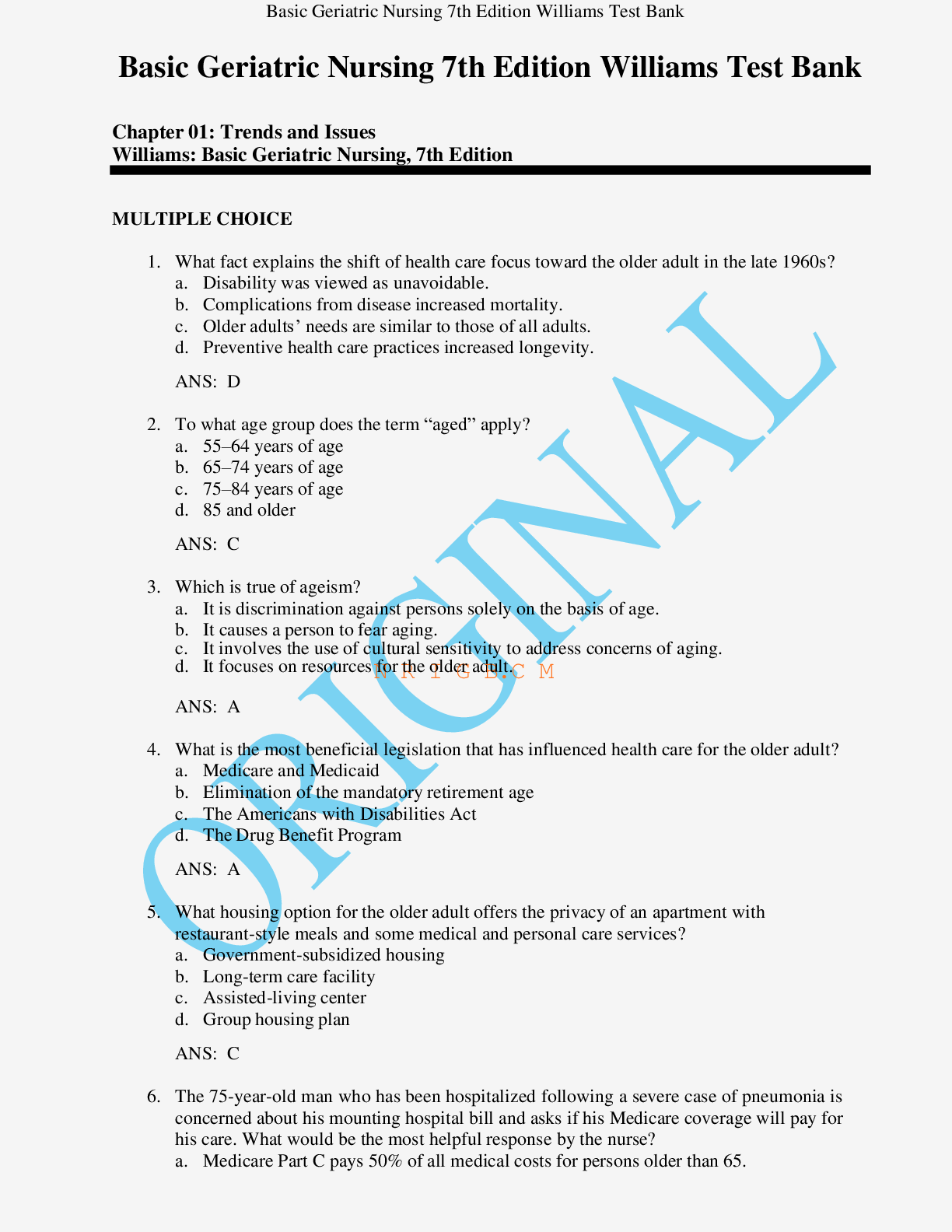 Basic Geriatric Nursing 7th Edition Williams Test Bank - Scholarfriends