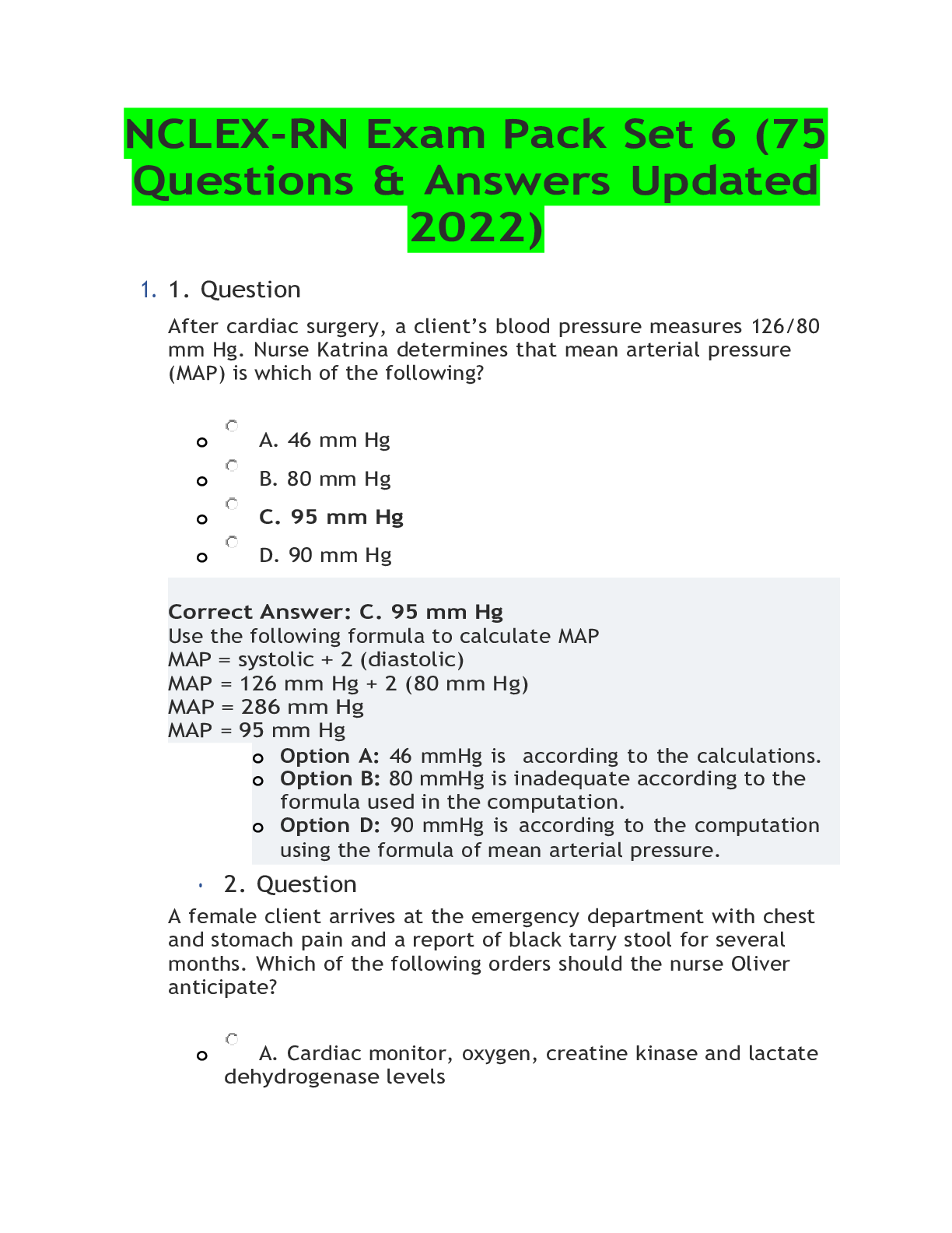 NCLEX-RN Exam Pack Set 6 (75Questions & Answers Updated2022) - Scholarfriends