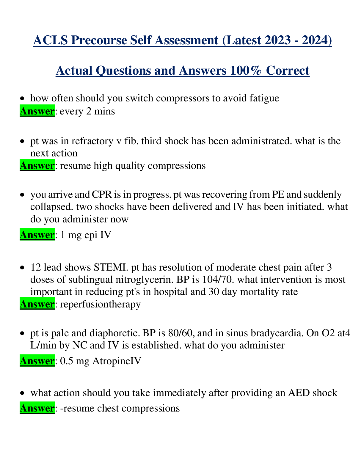 ACLS Precourse Self Assessment (Latest 2023 - 2024) Actual Questions ...