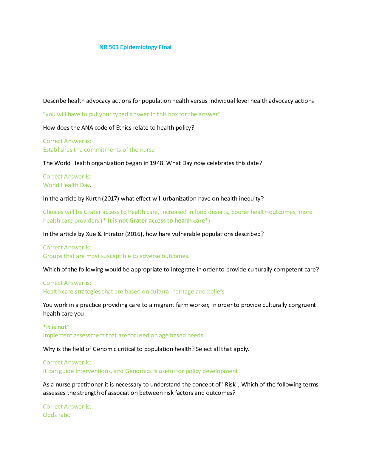 NR 503 Epidemiology Final questions and answers rated A+ 2024/2025 - Scholarfriends