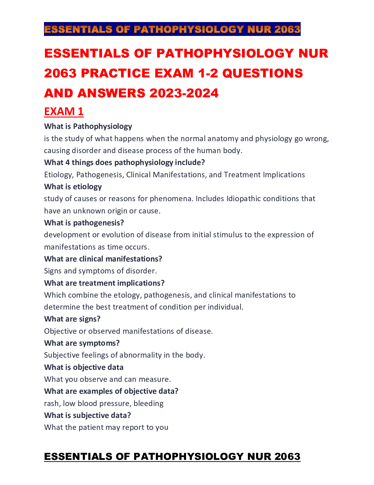 ESSENTIALS OF PATHOPHYSIOLOGY NUR 2063 PRACTICE EXAM 1-2 QUESTIONS AND ...